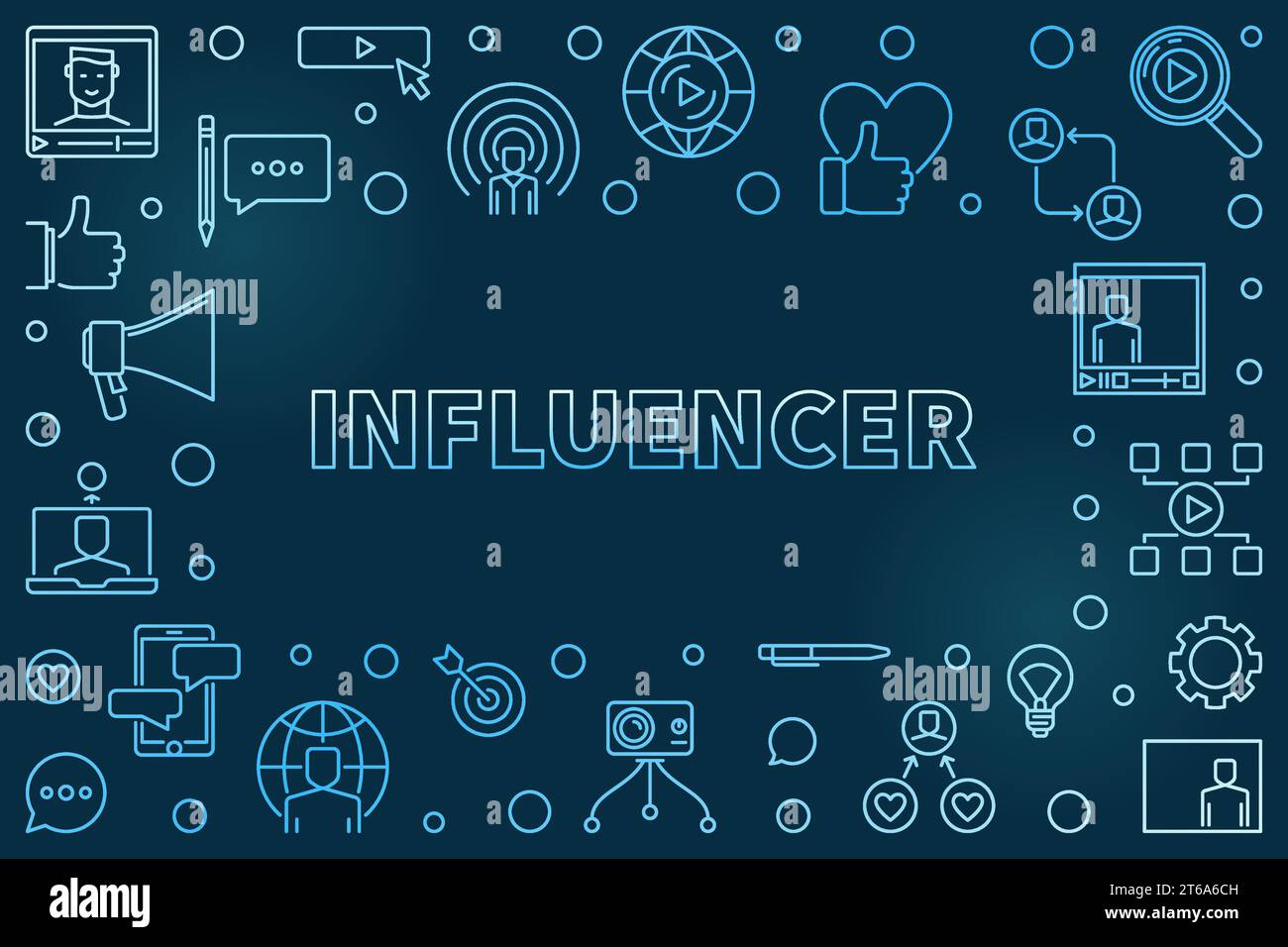 Influencer vector concept blue outline illustration or frame on dark ...
