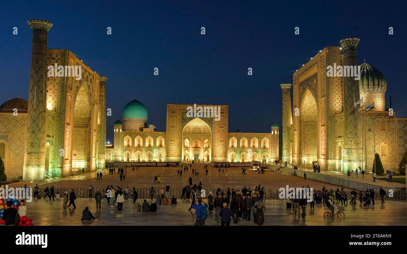 Samarkand, Uzbekistan - November 4, 2023: People visiting the Registan ...