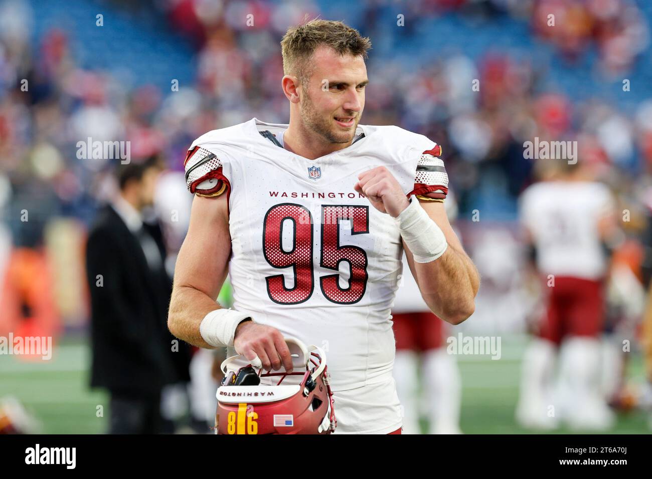 Washington Commanders defensive end Casey Toohill (95) reacts after defeating the New England ...