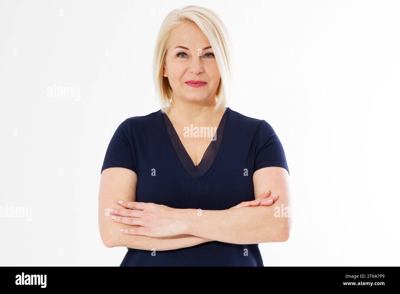 Portrait of smiling middle-aged woman, beautiful middle age woman closeup isolated on white ...
