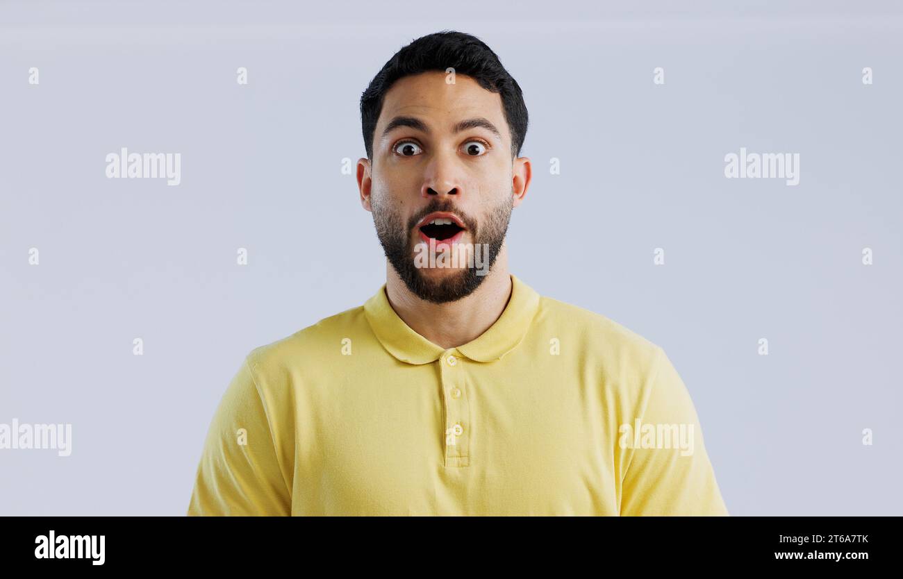 Portrait, man and surprise with announcement, wow and expression on a ...