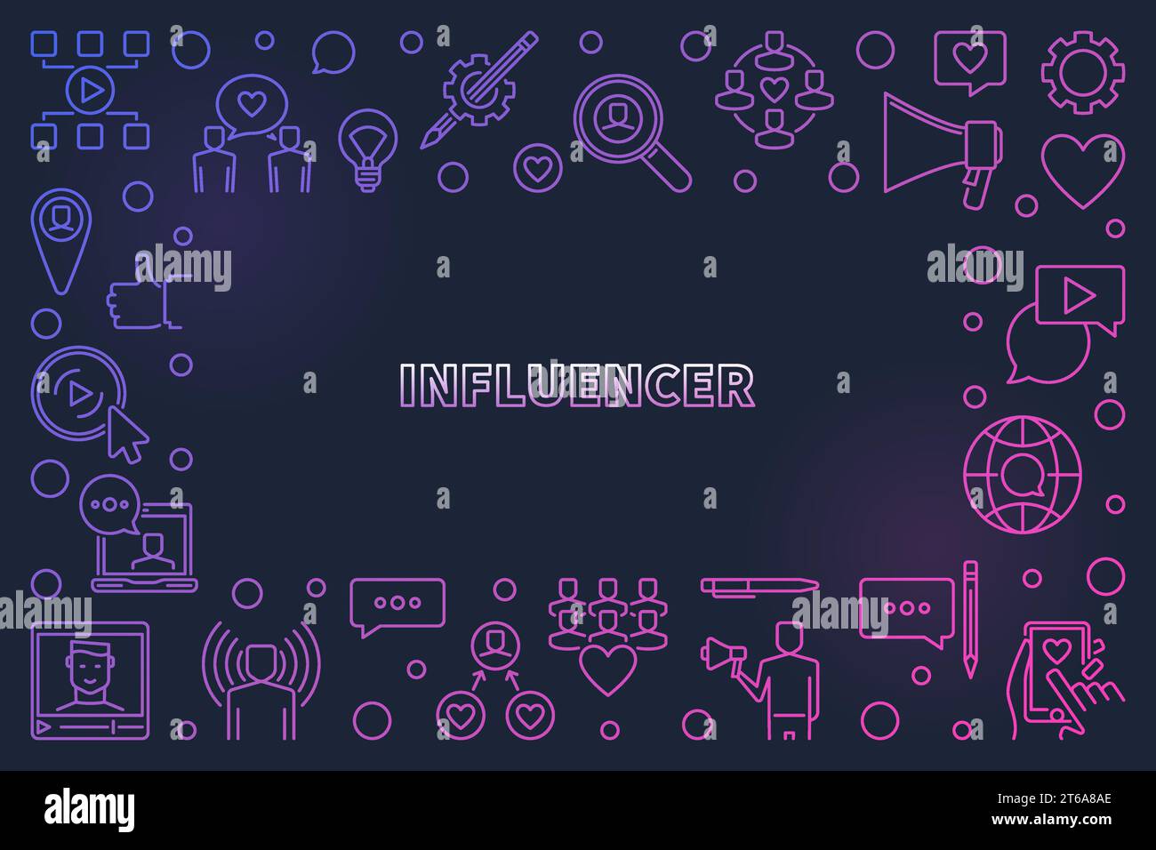 Influencer vector concept colored outline illustration or frame on dark ...