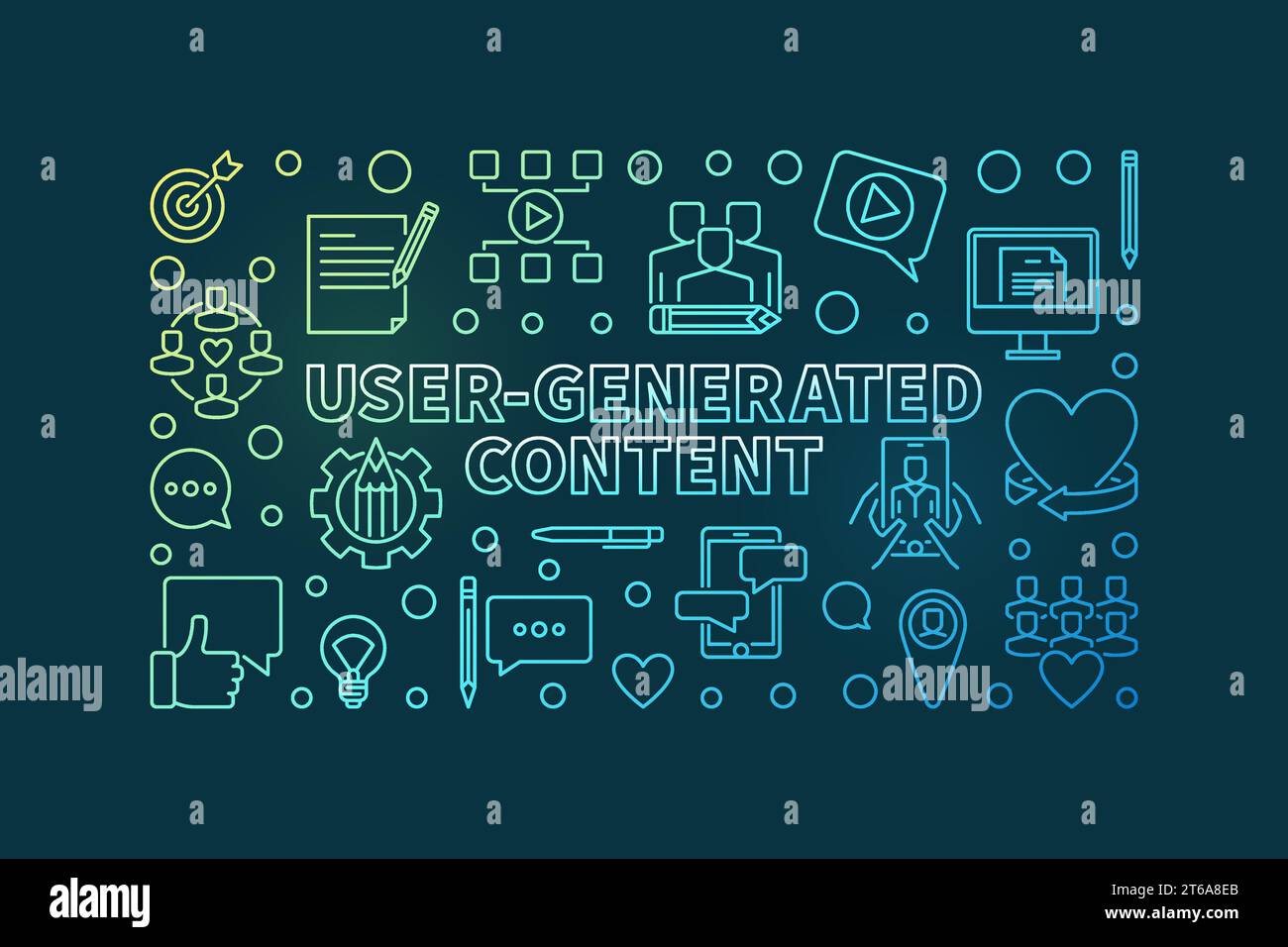 User-Generated Content outline colorful horizontal banner - vector UGC concept thin line ...