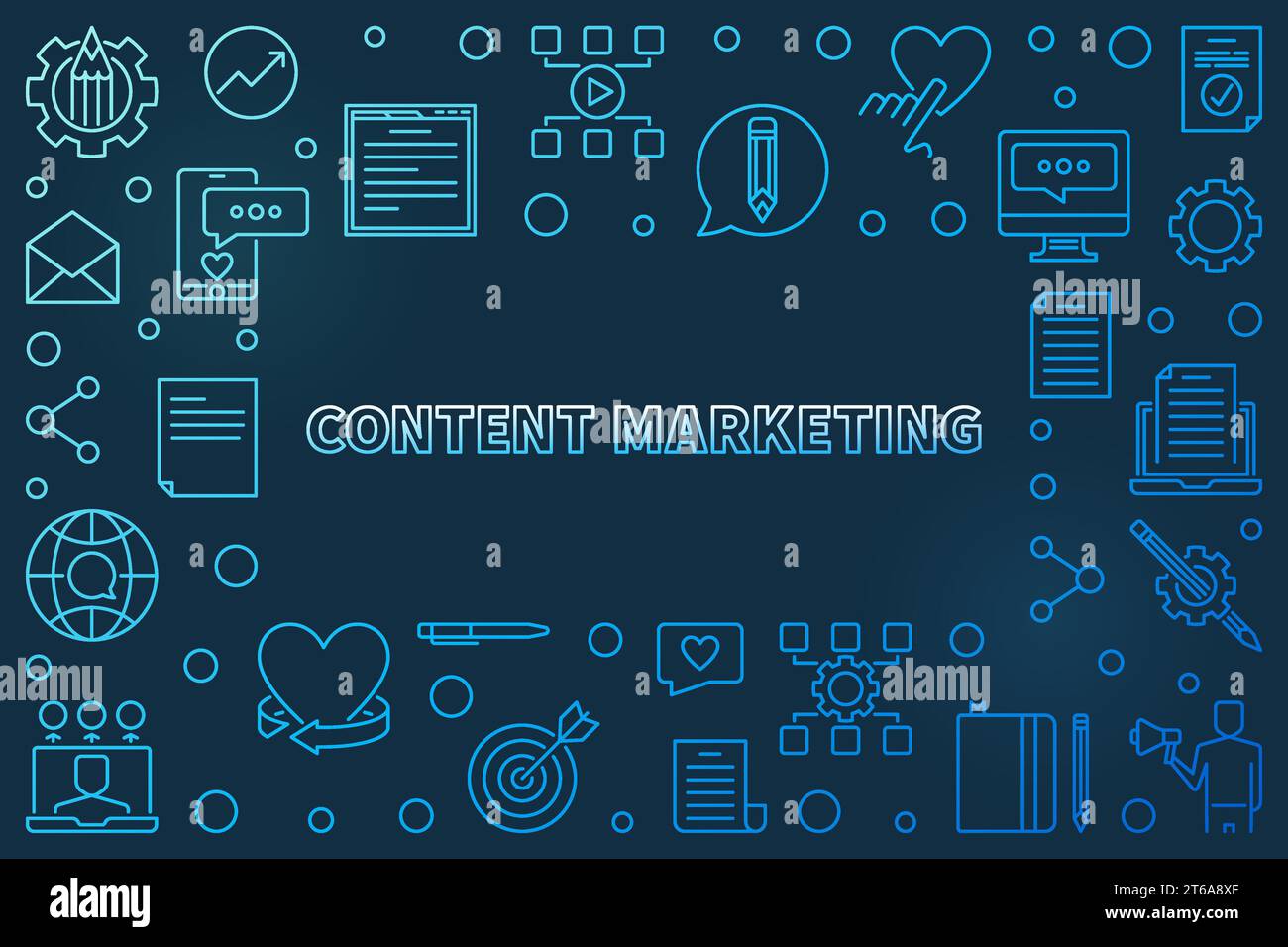 Content Marketing vector concept blue outline horizontal frame on dark ...