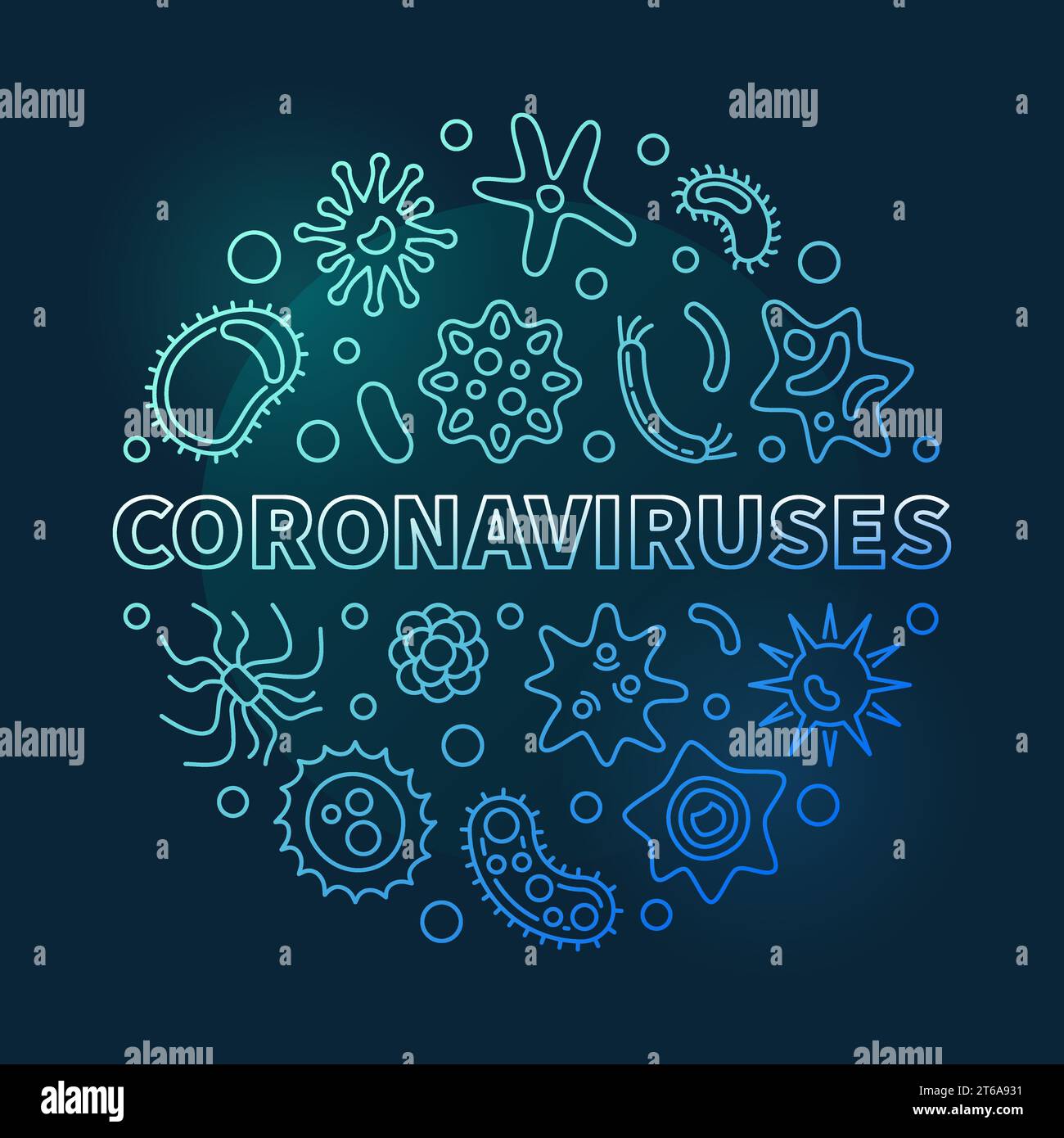 Vector coronaviruses concept linear blue circular illustration on dark ...