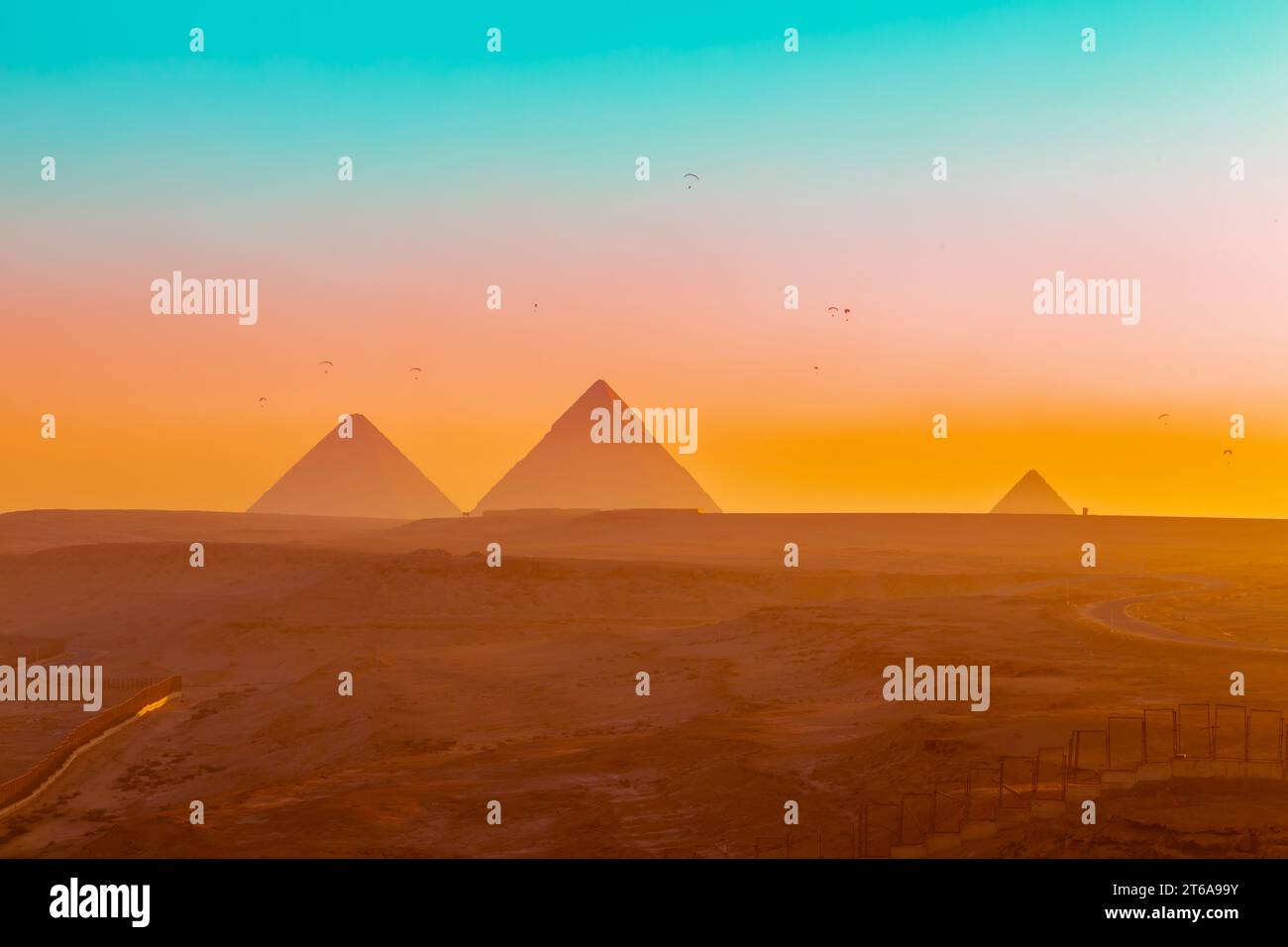 The Great Pyramids of Egypt at dawn. Desert landscape, the only ...