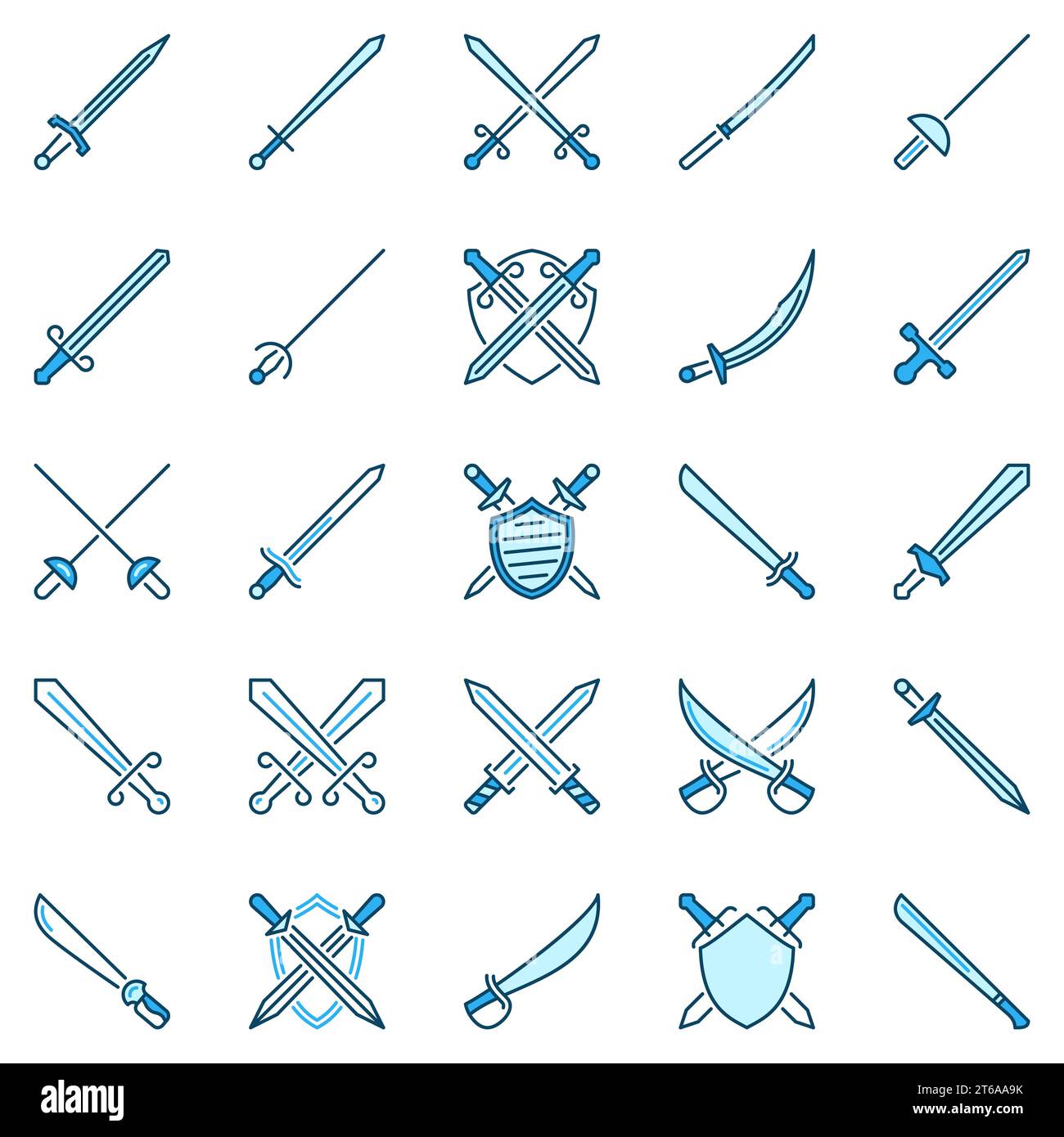 Sword creative icons. Vector collection of crossed swords and shields ...