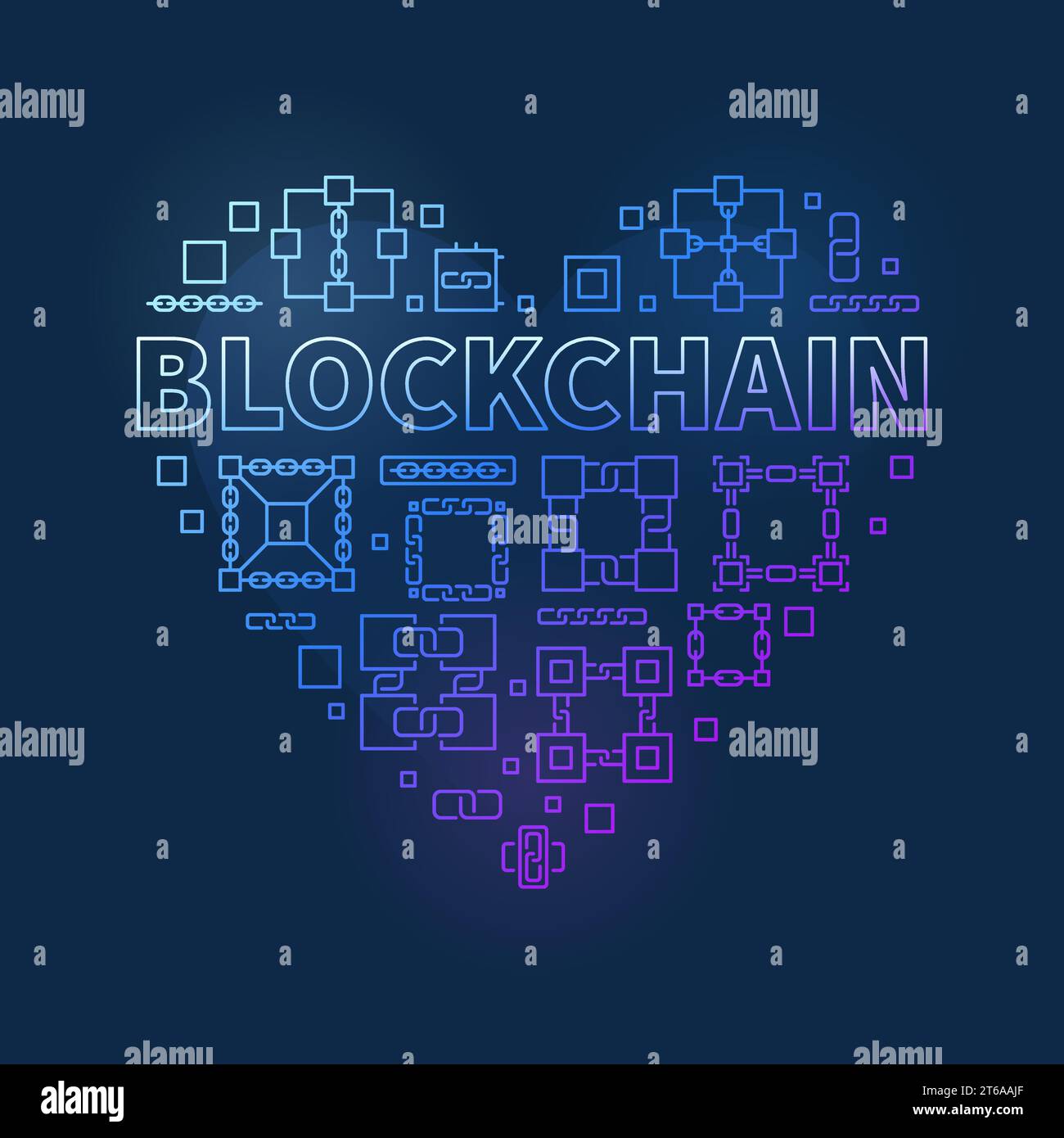 Blockchain vector concept heart shape colored outline illustration or ...