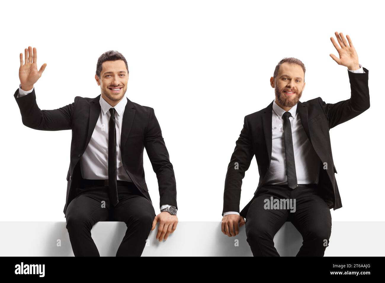 Businessmen sitting on a panel and waving isolated on white background ...