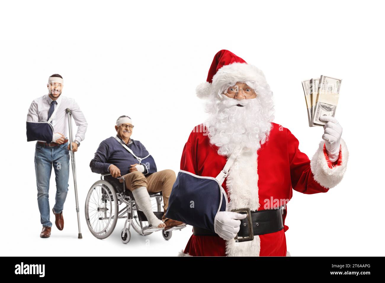 Santa claus with an arm injury standing in front of injured people and ...