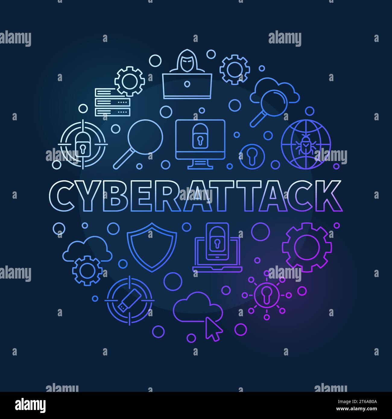 Vector Cyberattack Round Concept Linear Colorful Illustration On Dark Background Stock Vector