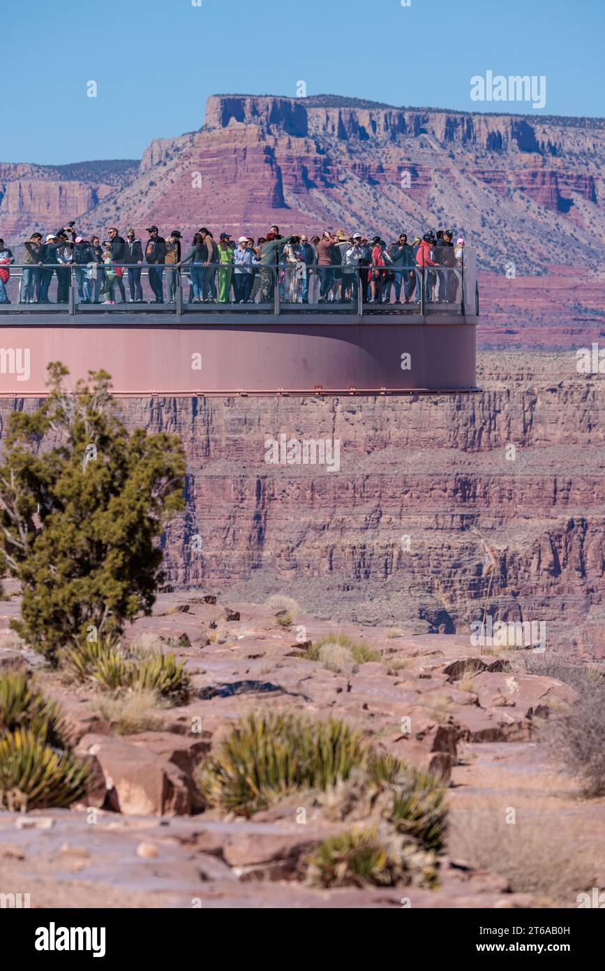 Visitors view the Grand Canyon from the Skybridge, a glass floored ...