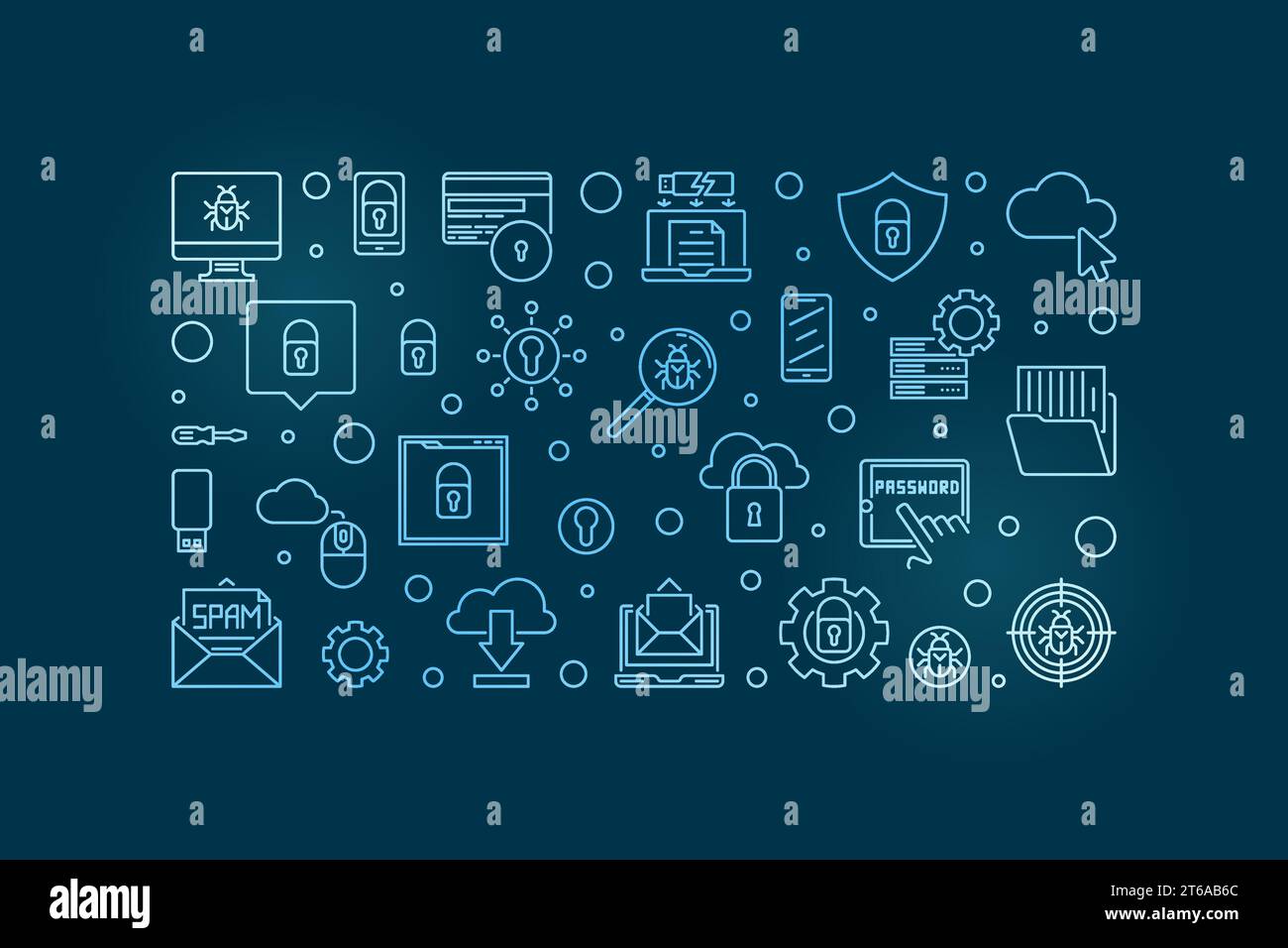 Cybersecurity vector concept blue outline horizontal banner or ...