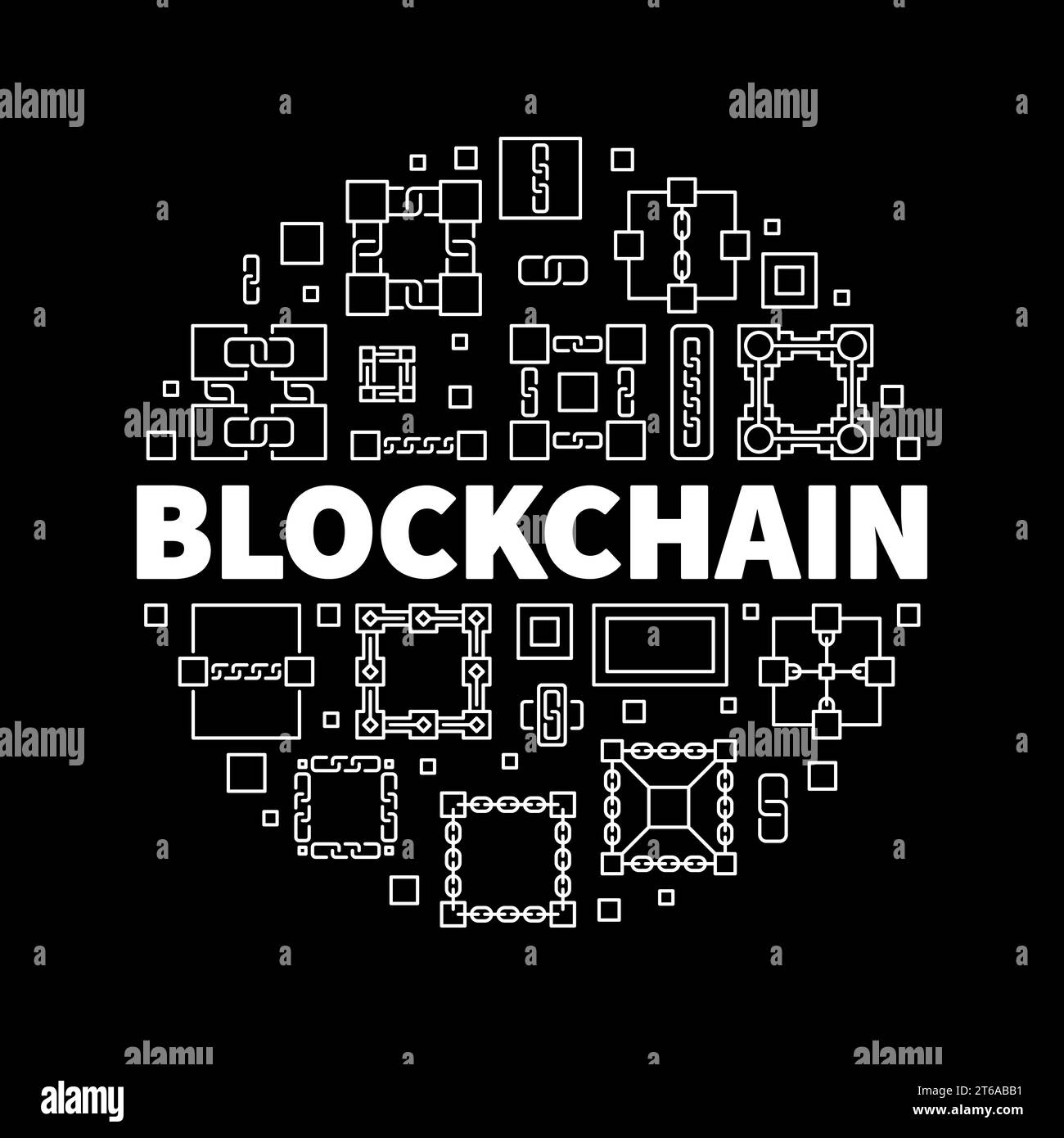 Blockchain Technology vector concept round simple outline illustration or banner on dark ...