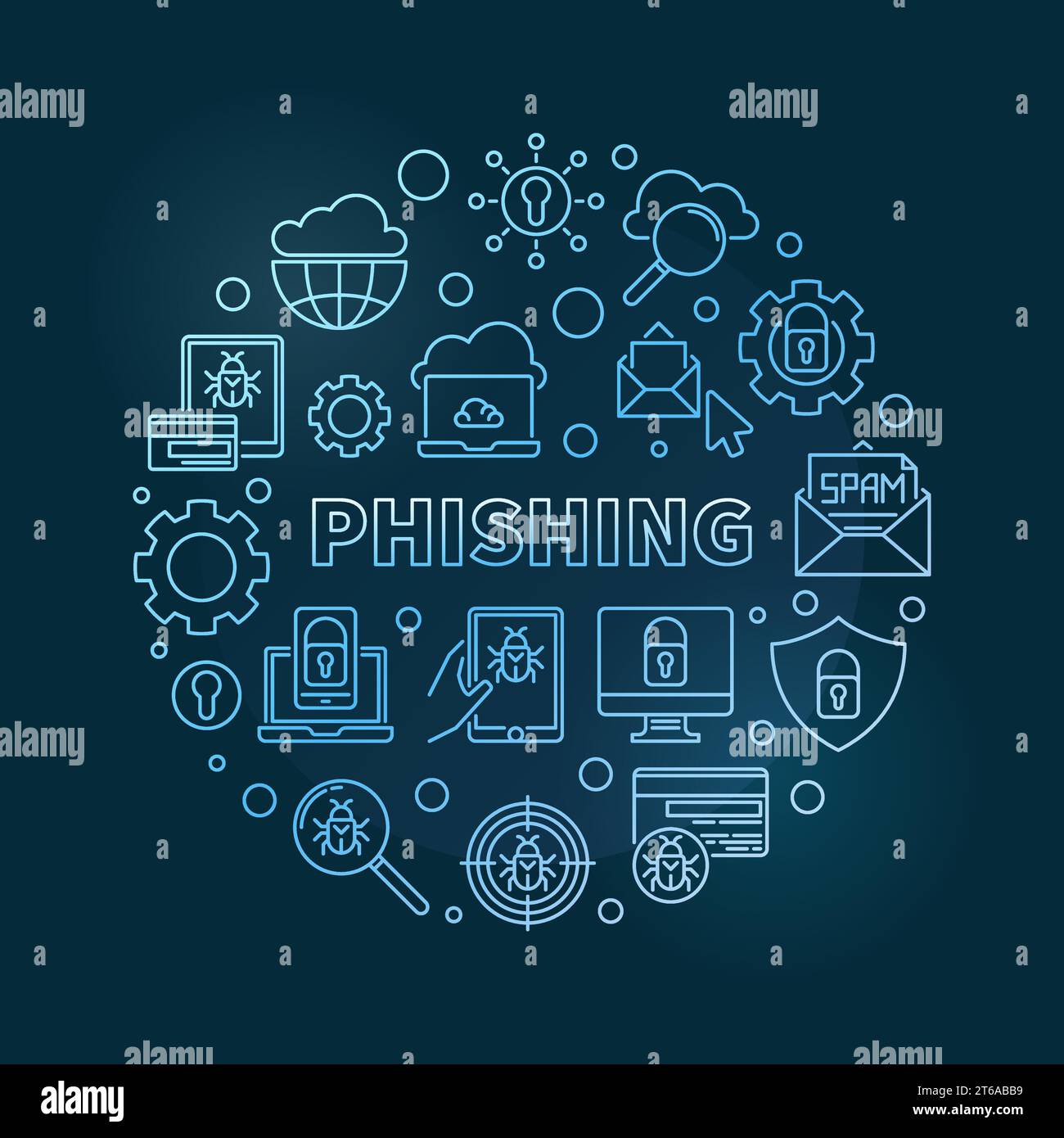 Vector Phishing circular concept linear blue illustration on dark ...
