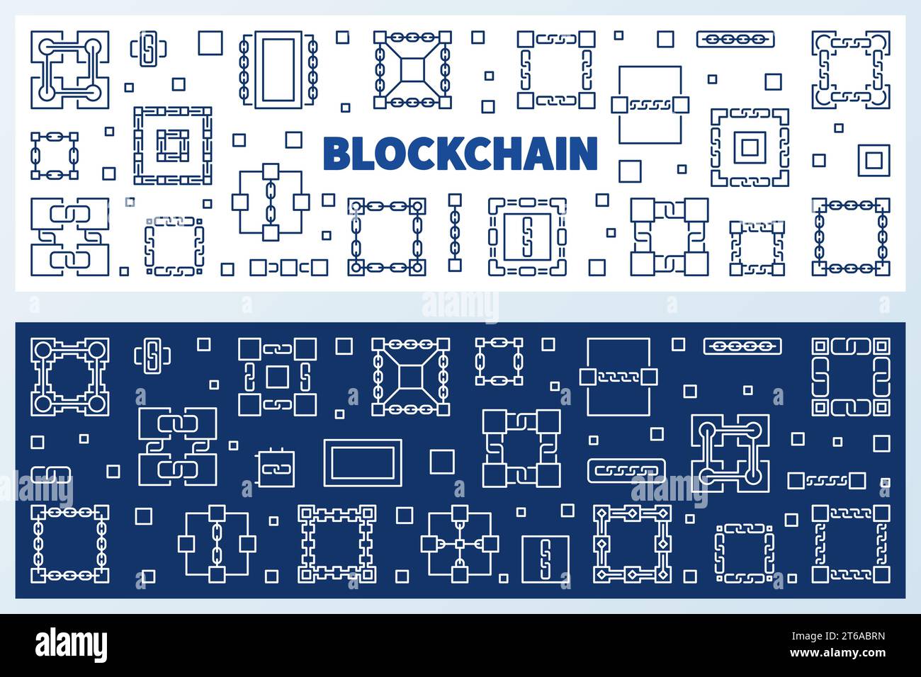 Block-Chain line concept horizontal banners. Set of 2 Blockchain Technology vector illustrations ...