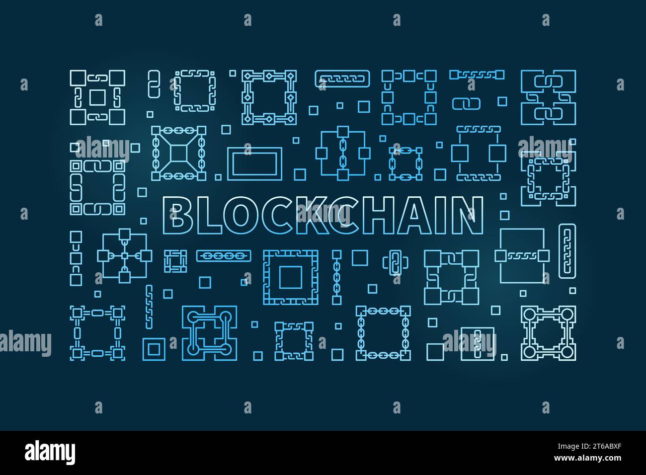 Blockchain concept vector outline horizontal blue illustration or ...