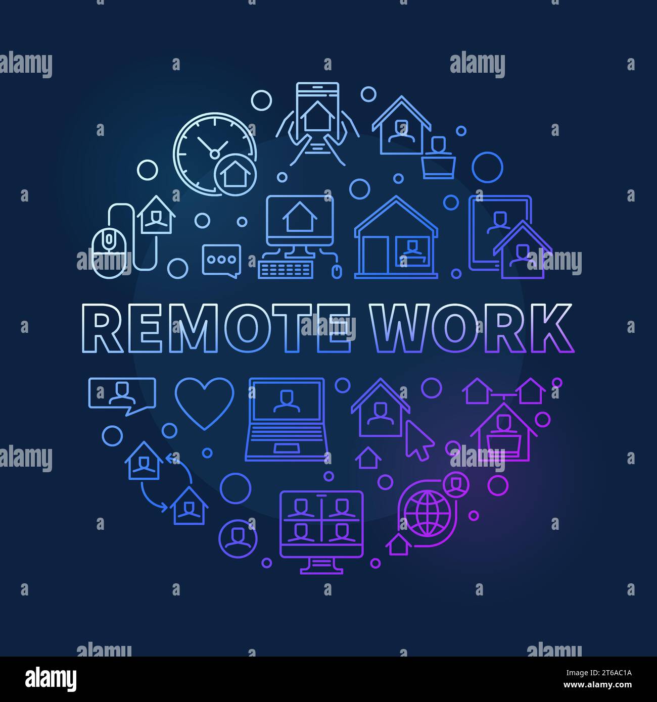 Remote Work vector concept round colored line illustration on dark ...