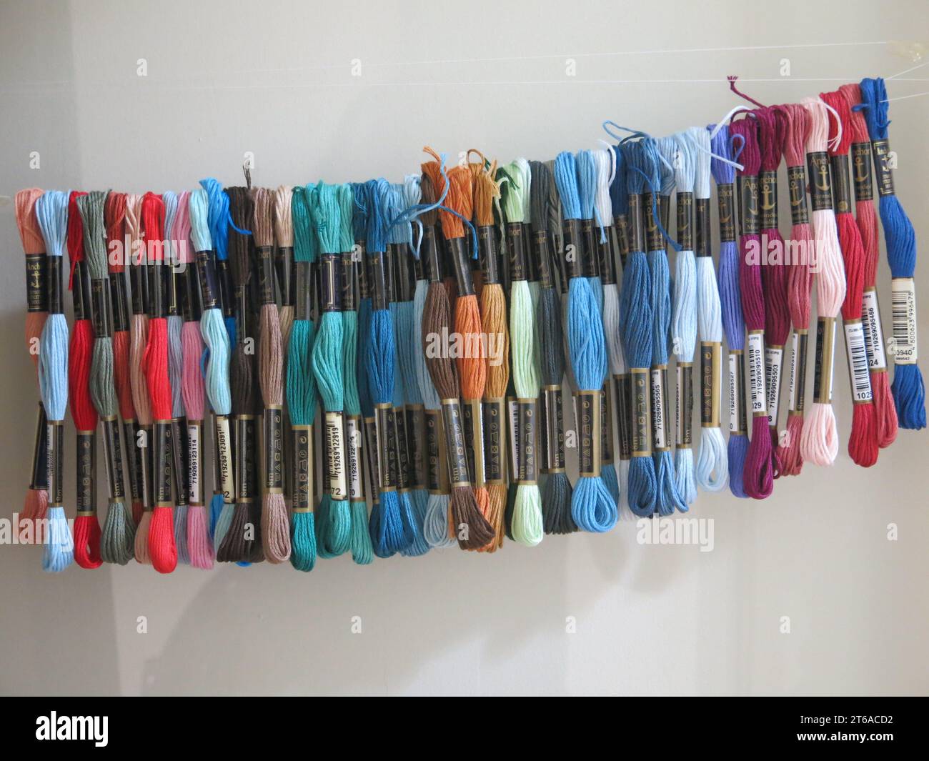 A row of multi-coloured embroidery 'Anchor' stranded cotton threads ...