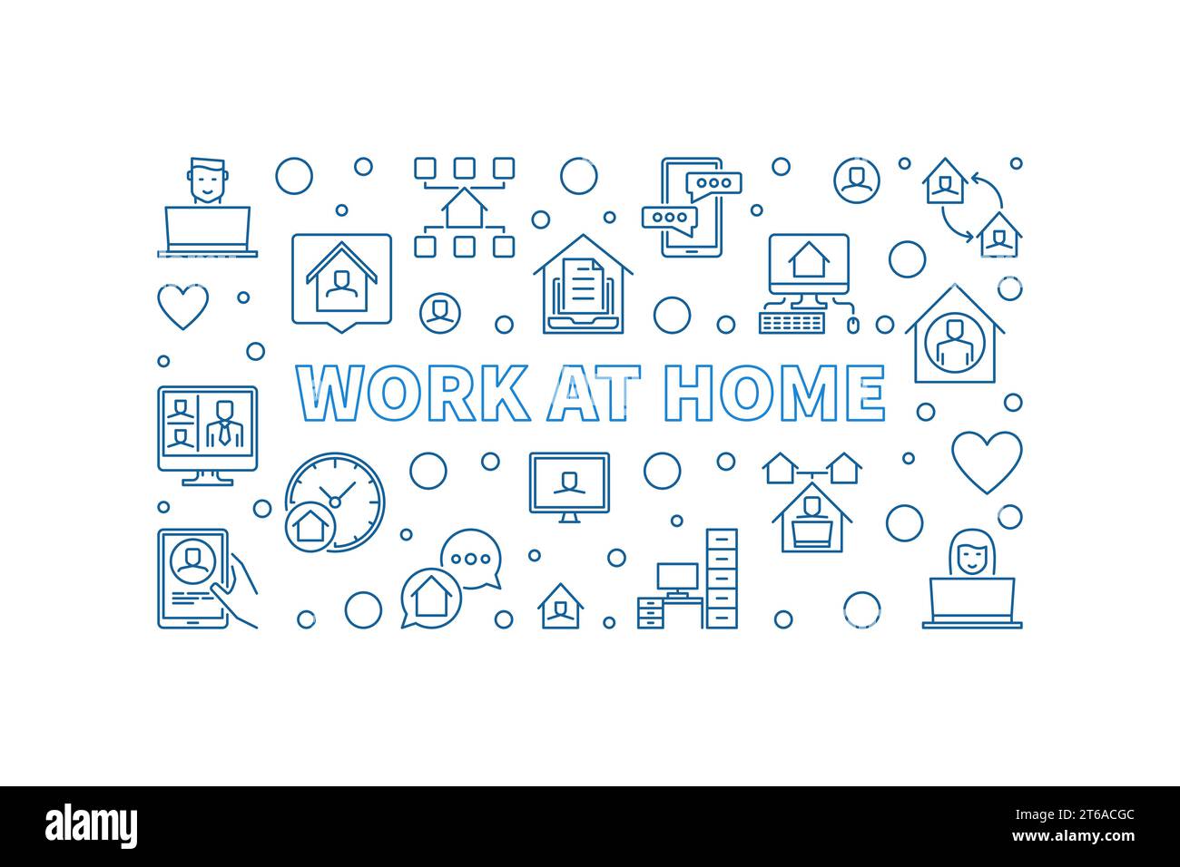 Work At Home vector concept outline horizontal illustration or banner ...