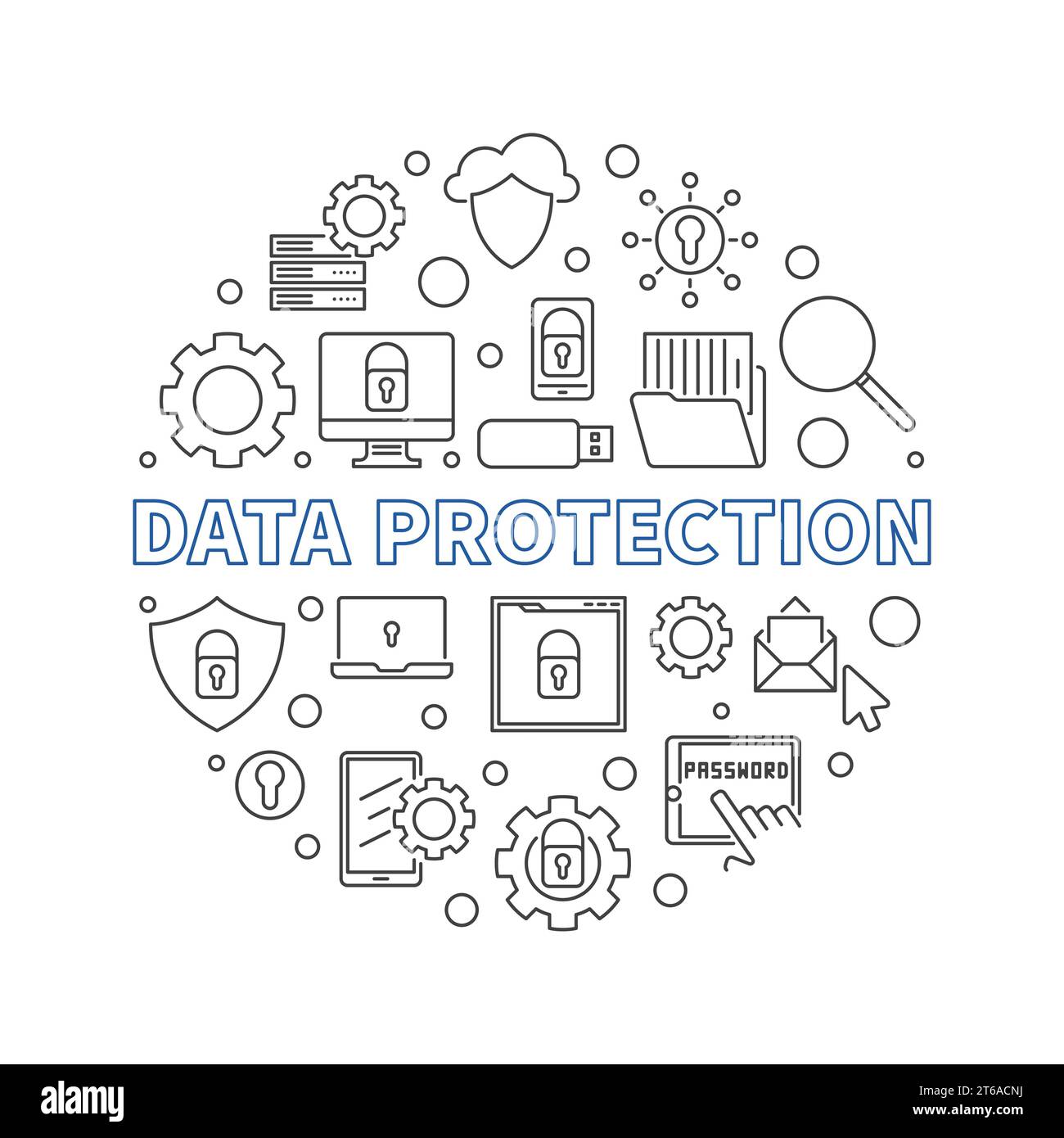 Vector Data Protection circular concept illustration in outline style ...