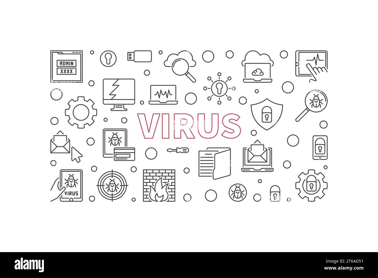 Virus Vector Thin Line Horizontal Banner Computer Virus Concept Outline Illustration Stock