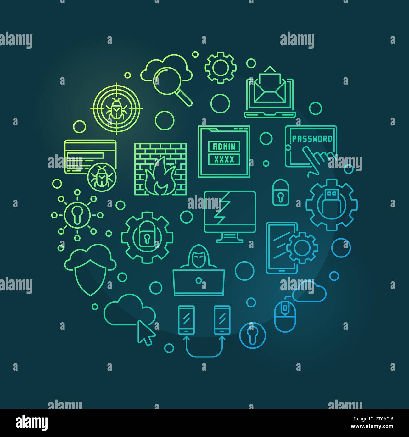 Hacker vector round colorful concept linear illustration on dark ...