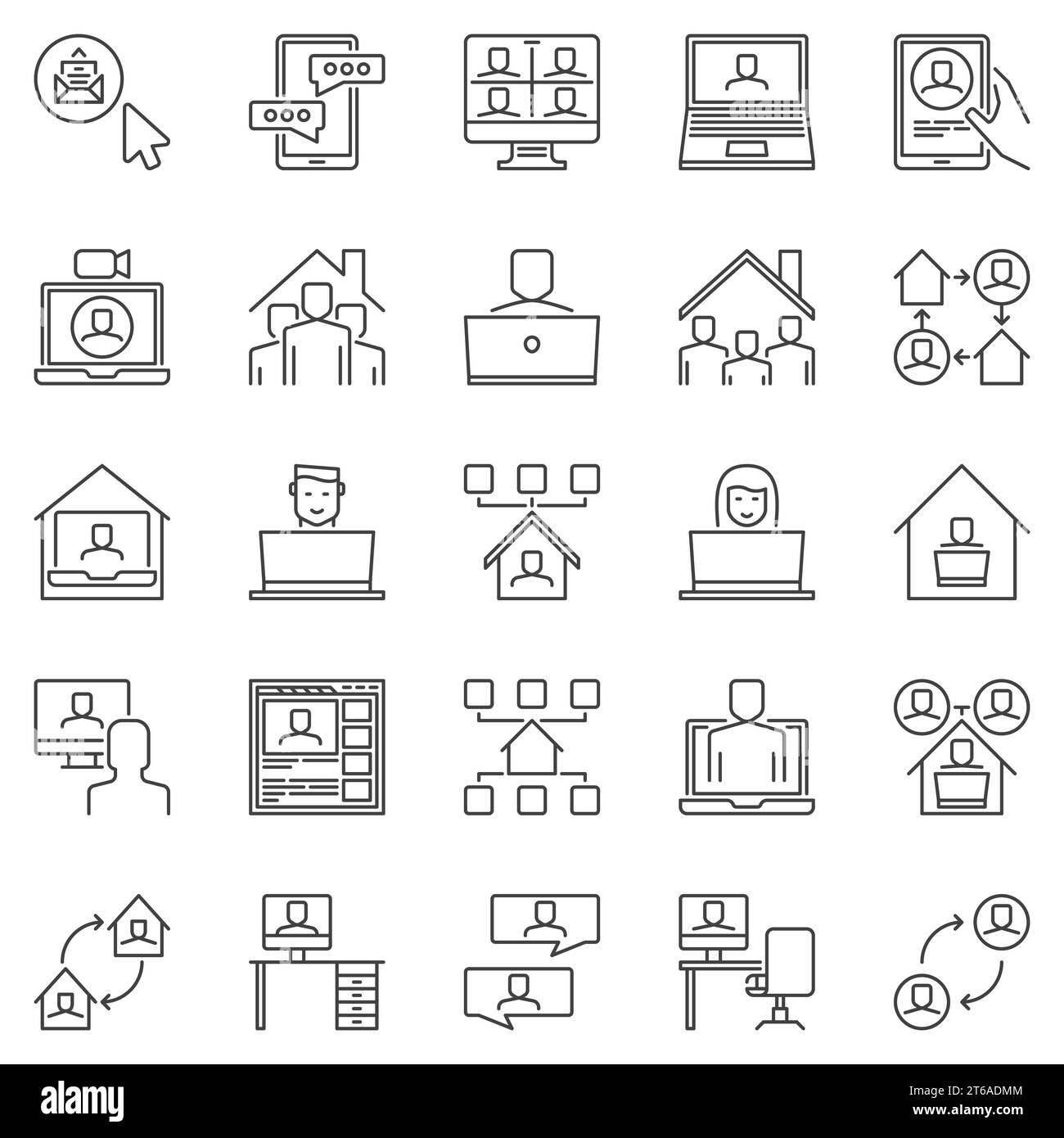 Work at Home outline icons set - remote or freelance work concept ...