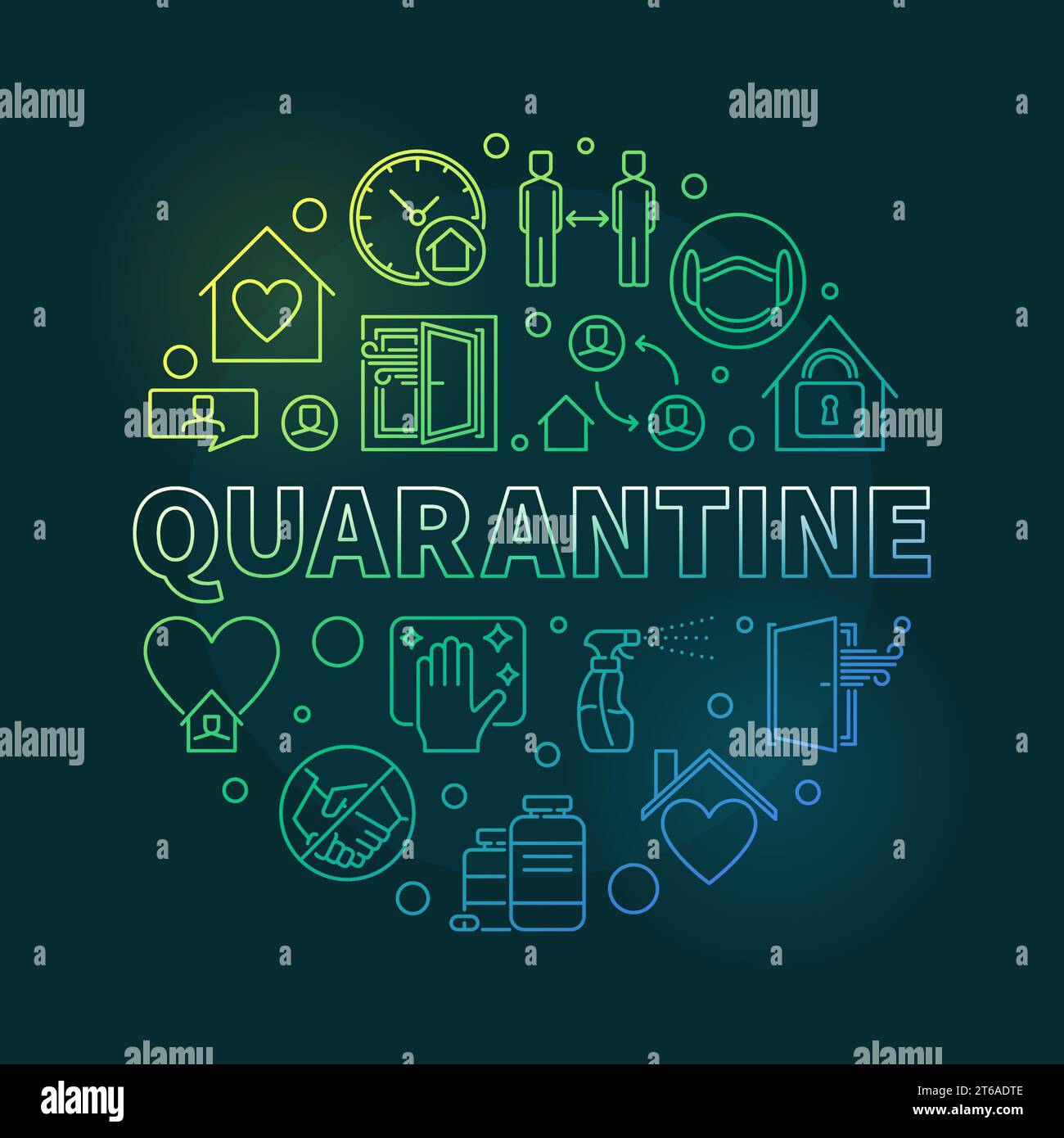 Vector Quarantine concept round outline colored illustration on dark ...