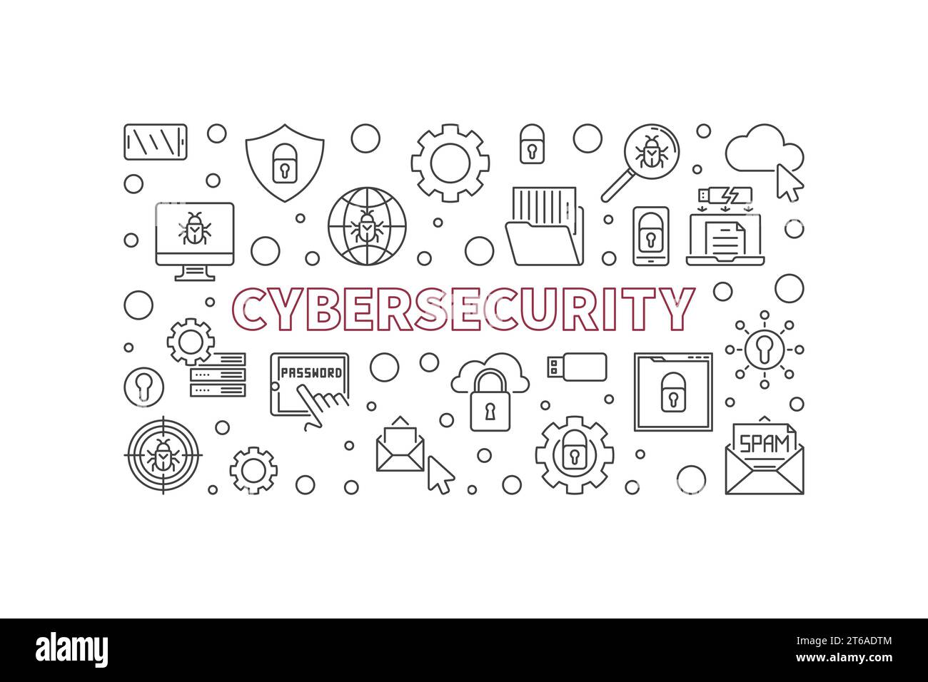 Cybersecurity vector concept outline horizontal illustration or banner ...