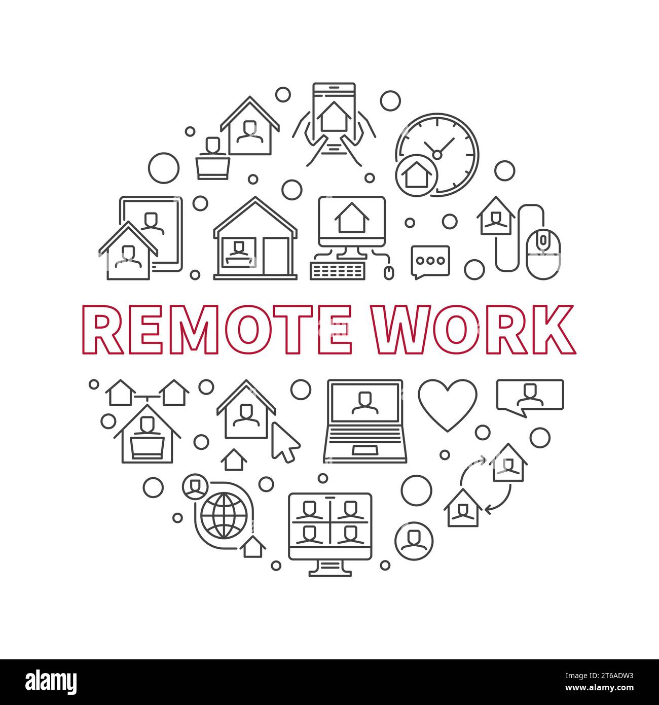 Vector Remote Work concept simple round illustration in outline style ...