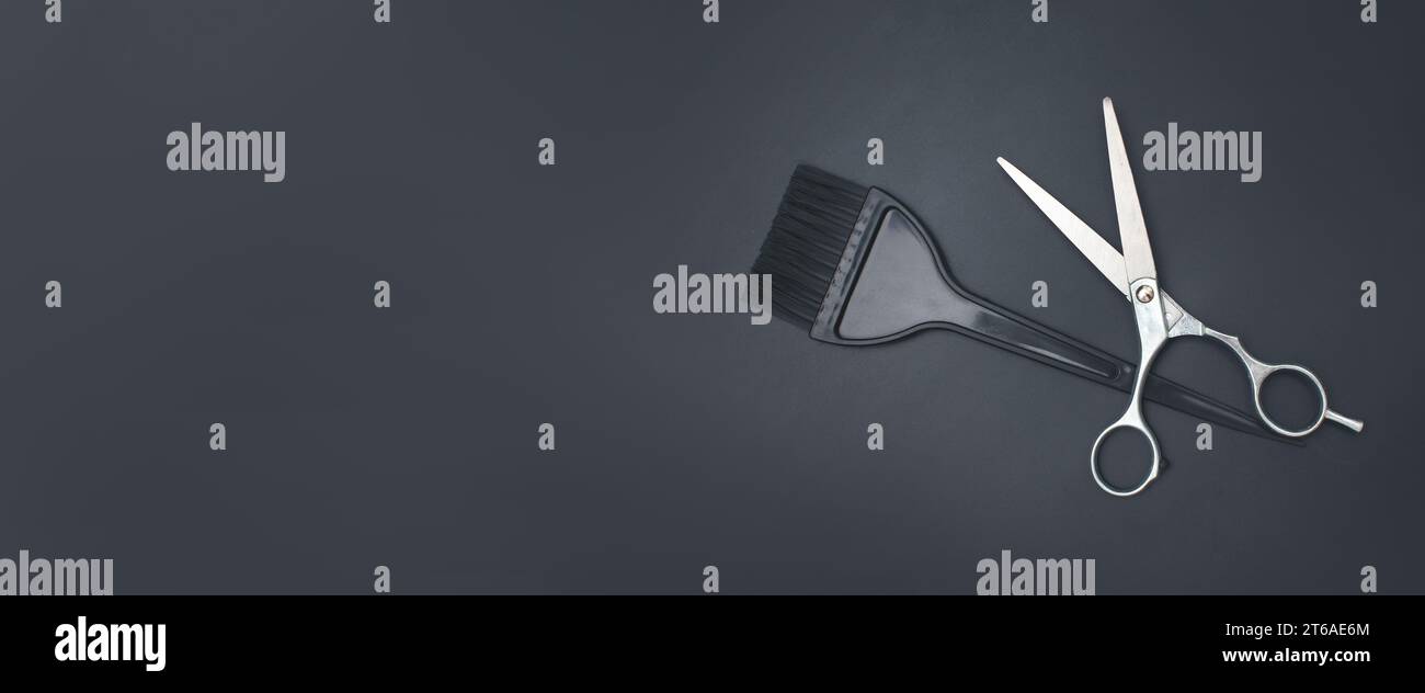 Hairdressing scissors and comb on black background. Professional ...