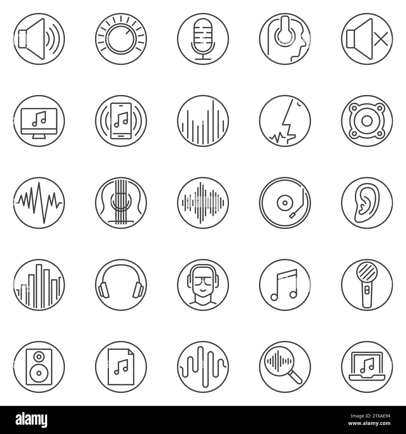 Sound outline round icons set. Vector Audio and Music symbols in thin ...