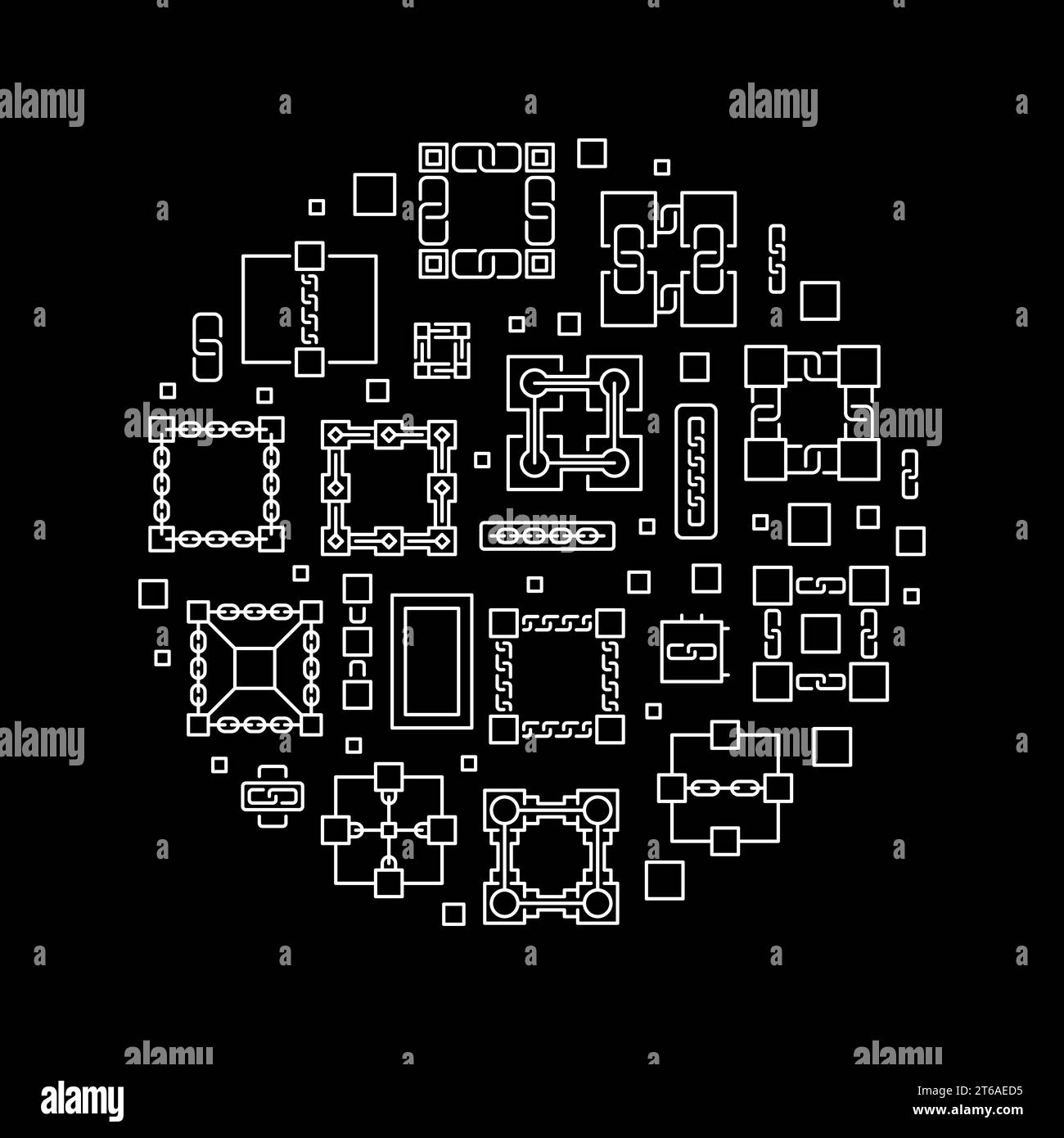 Block-Chain thin line concept round banner. Blockchain Technology vector illustration on dark ...