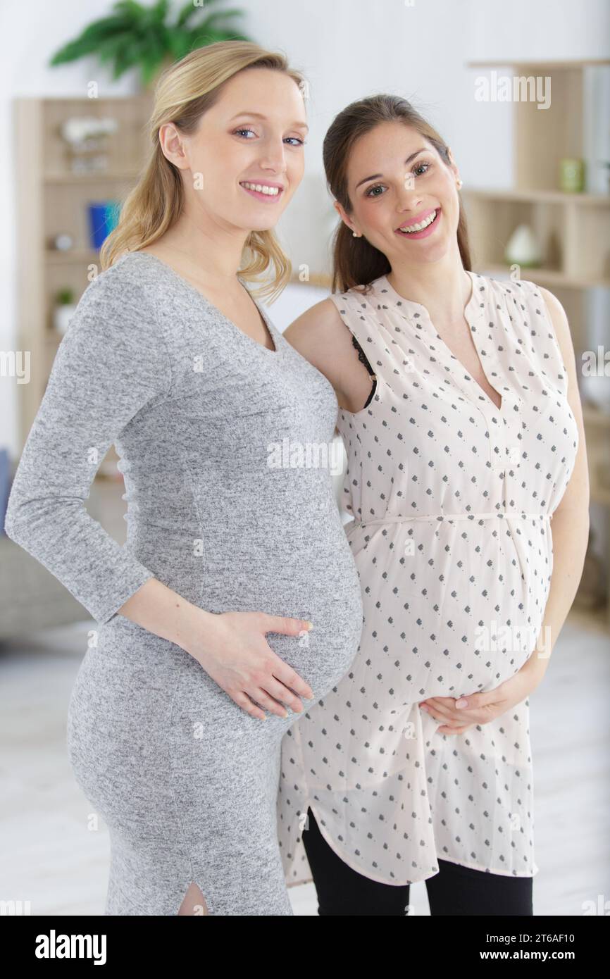 smiling two pregnant friends standing Stock Photo - Alamy