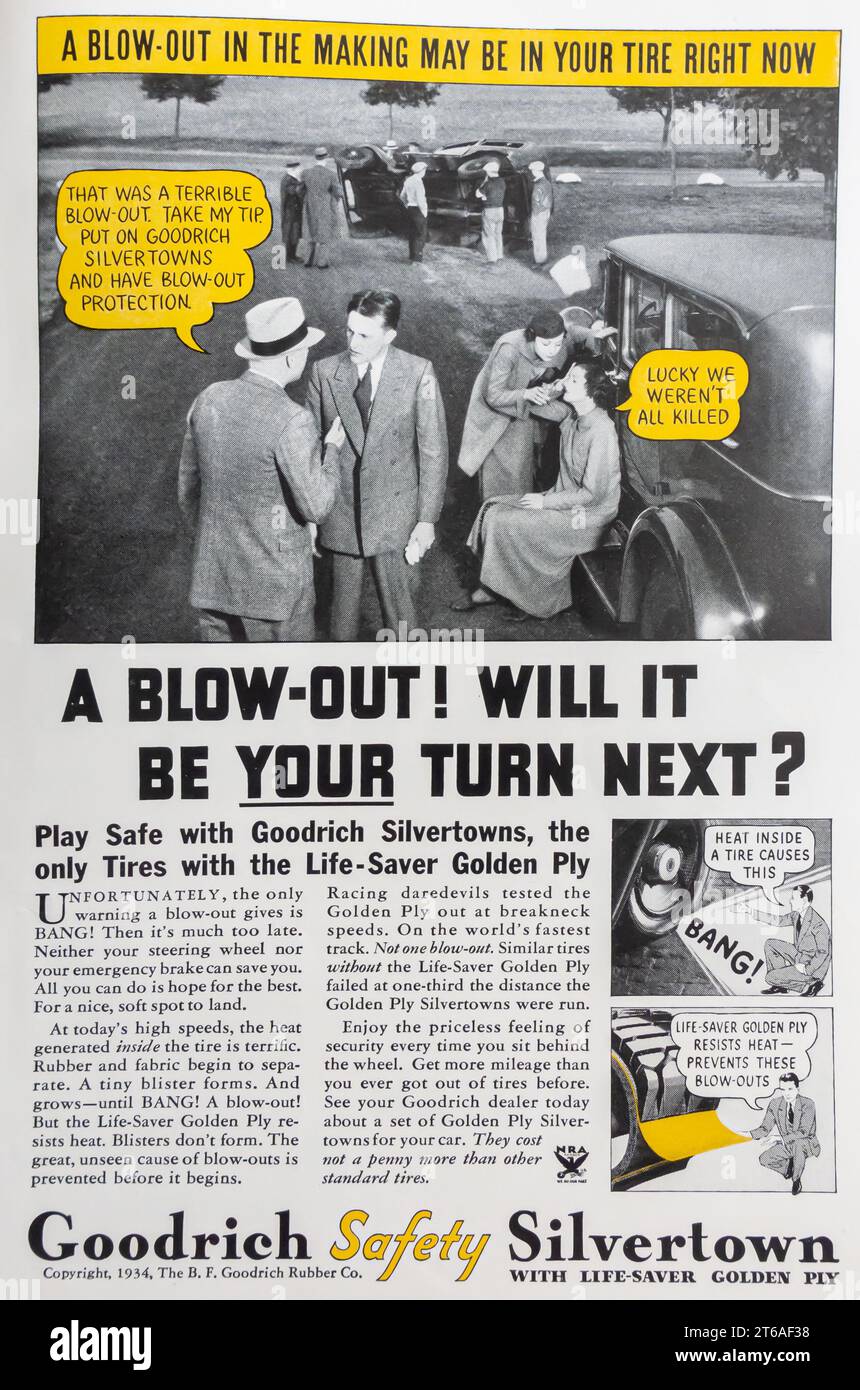 1934 Goodrich safety Silvertown life-saver golden ply tire ad Stock ...