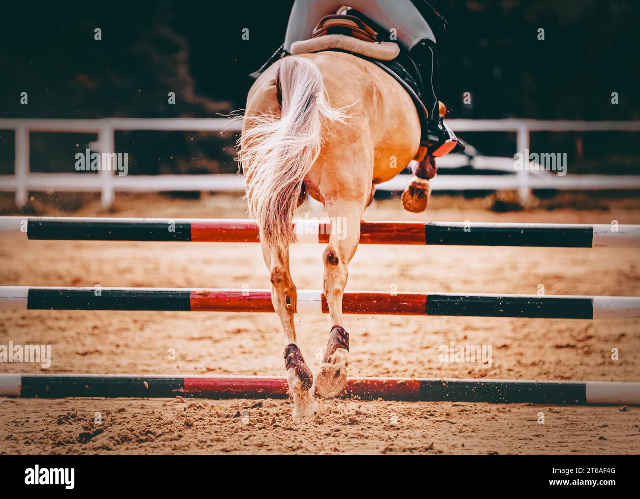 A horse leaping over a barrier at an equestrian competition, seen from ...