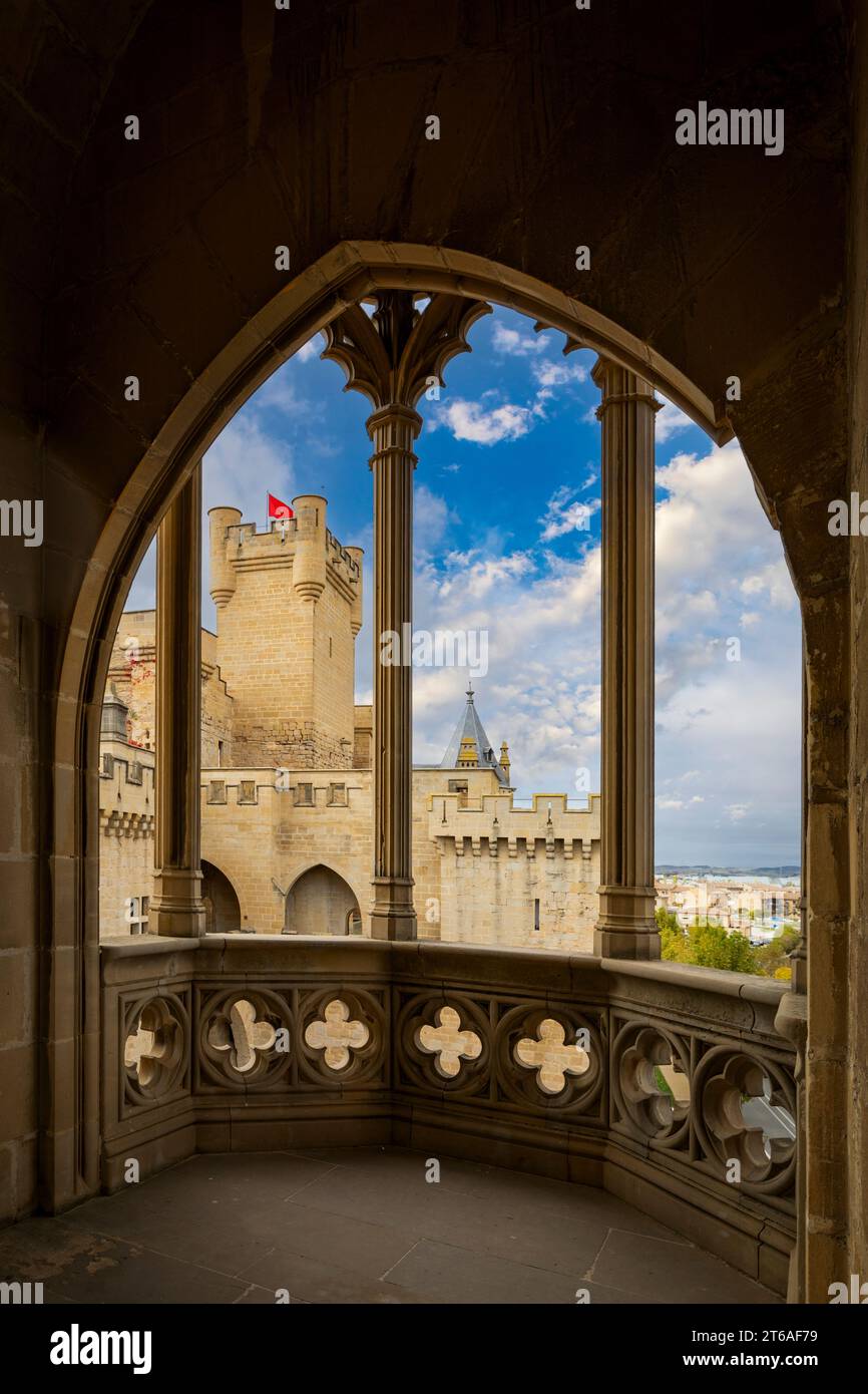 Vertical photo of a Gothic balcony of one of the towers of the Olite ...