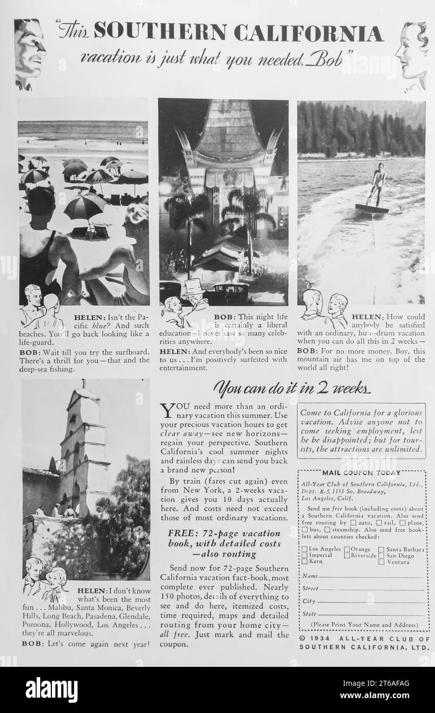1934 Southern California vacation ad, All-year club Los Angeles ...