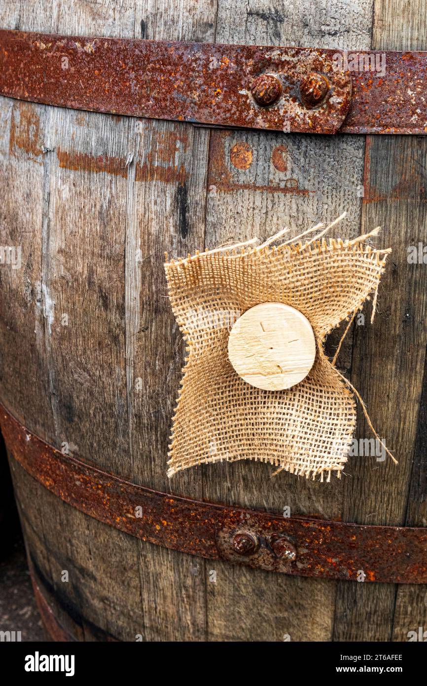 A belly bung on a whisky barrel at Springbank Distillery producing ...
