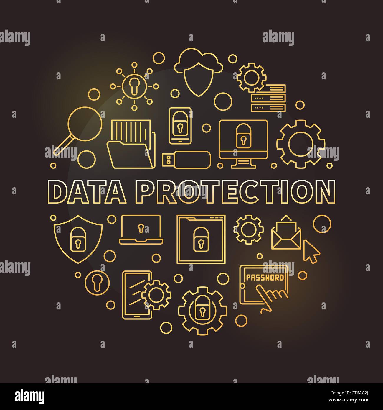 Data Protection vector round concept linear golden illustration on dark ...