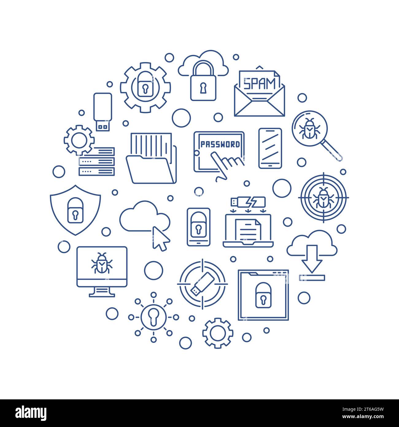 Cybersecurity vector circular concept minimal illustration in outline ...