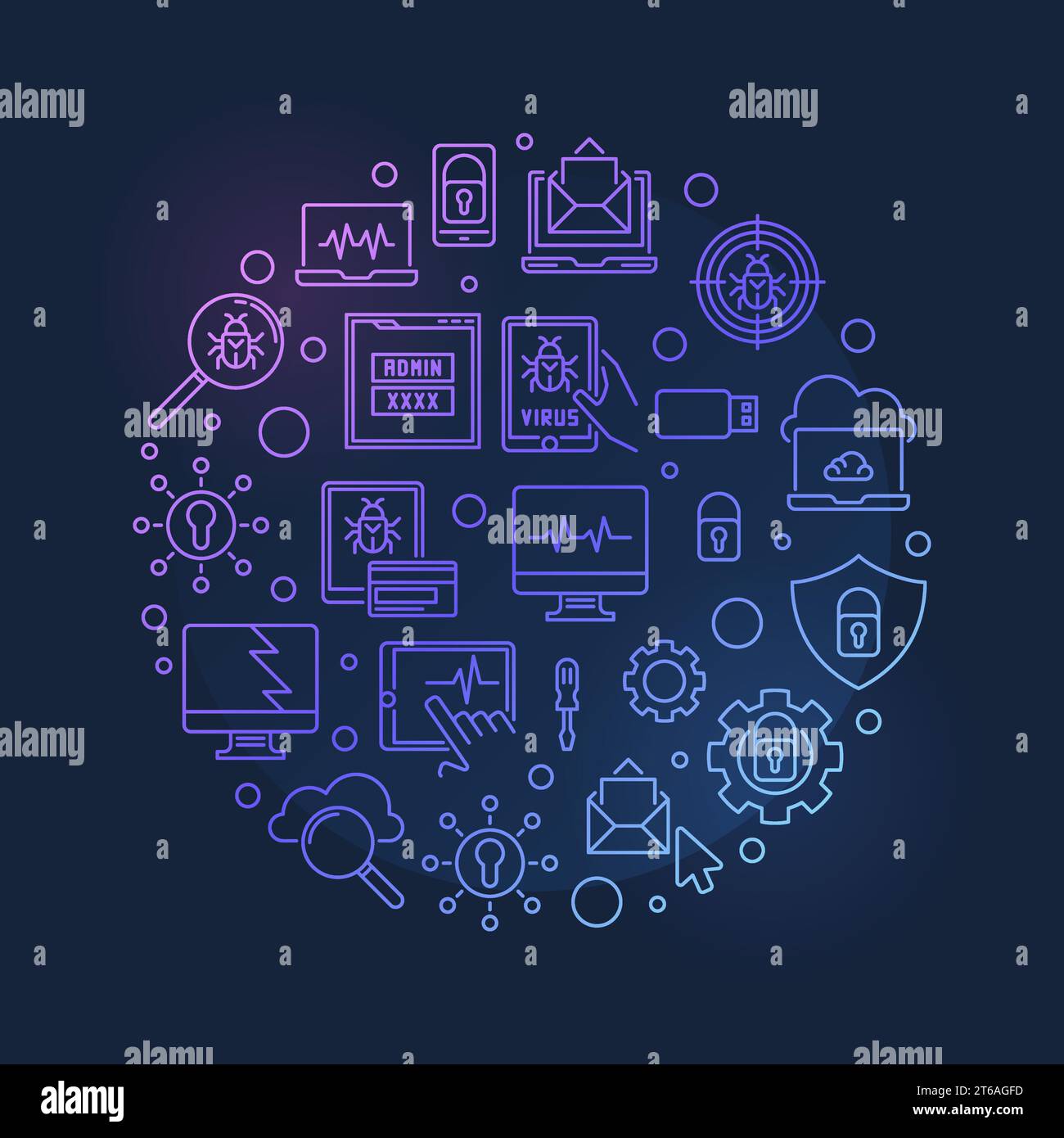 Computer Virus vector round colorful concept thin line illustration on ...