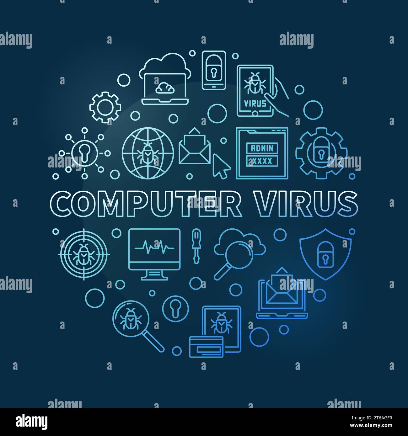 Vector Computer Virus round blue concept thin line illustration on dark ...