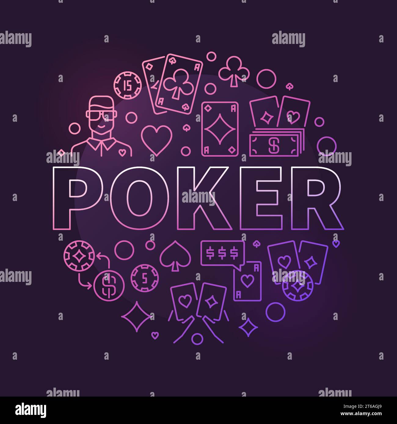Poker vector modern colored round concept outline illustration on dark ...