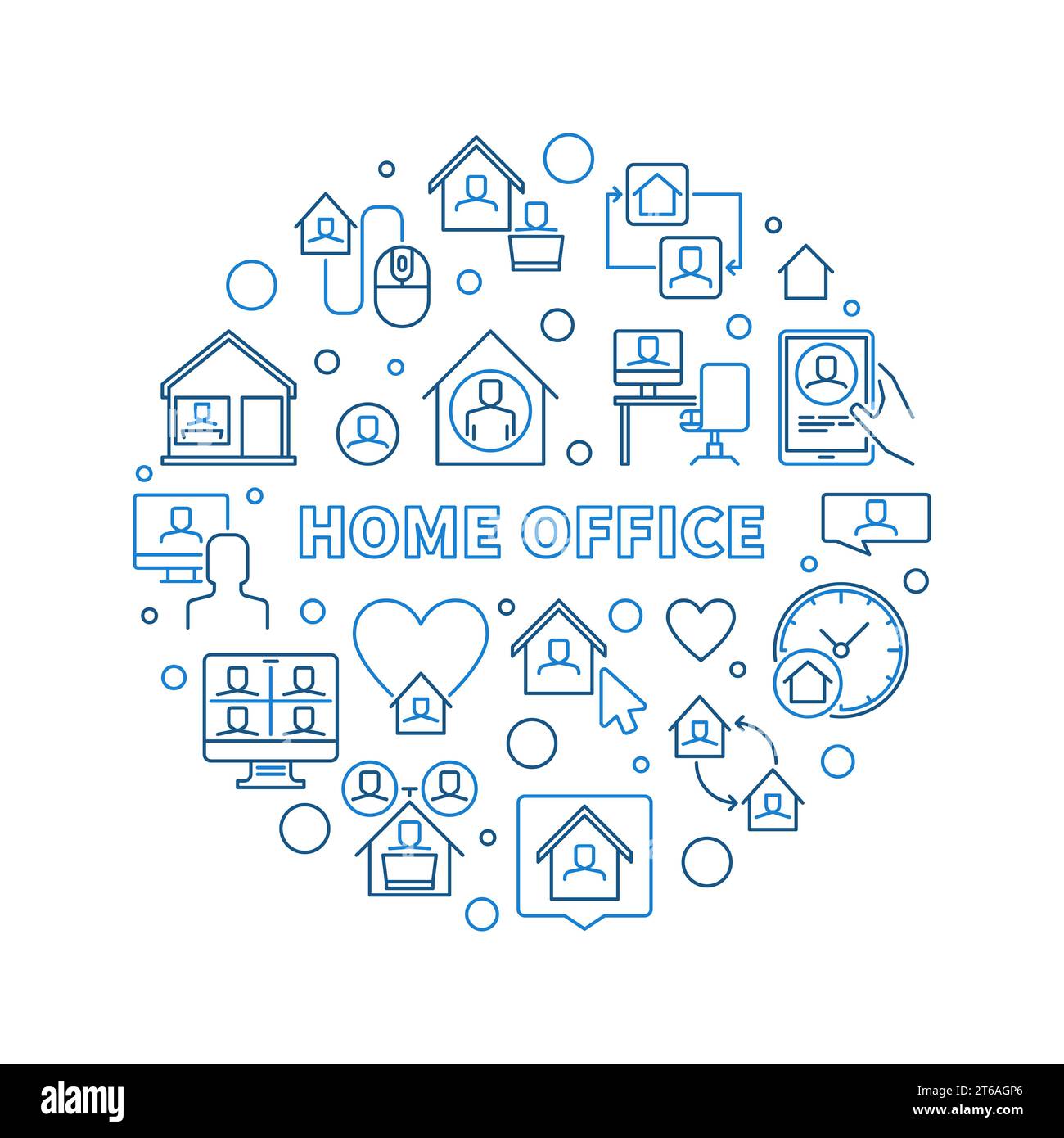 Vector Home Office outline concept blue circular illustration on white ...