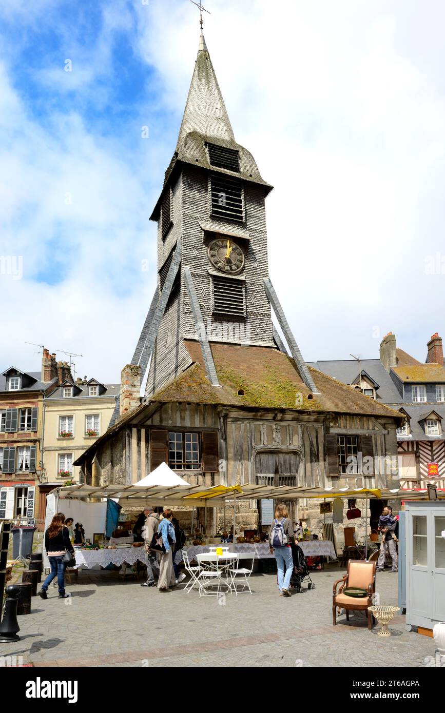 Flea Market, Brocante, in front of the Wooden Bell tower of St ...