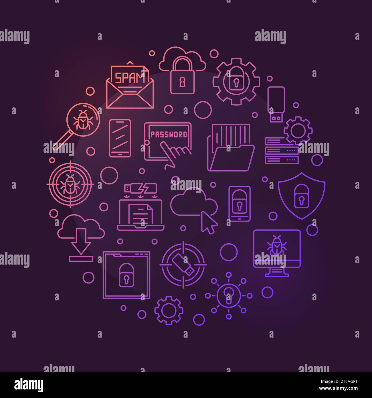 Vector Cybersecurity Round Concept Colorful Outline Illustration On Dark Background Stock Vector