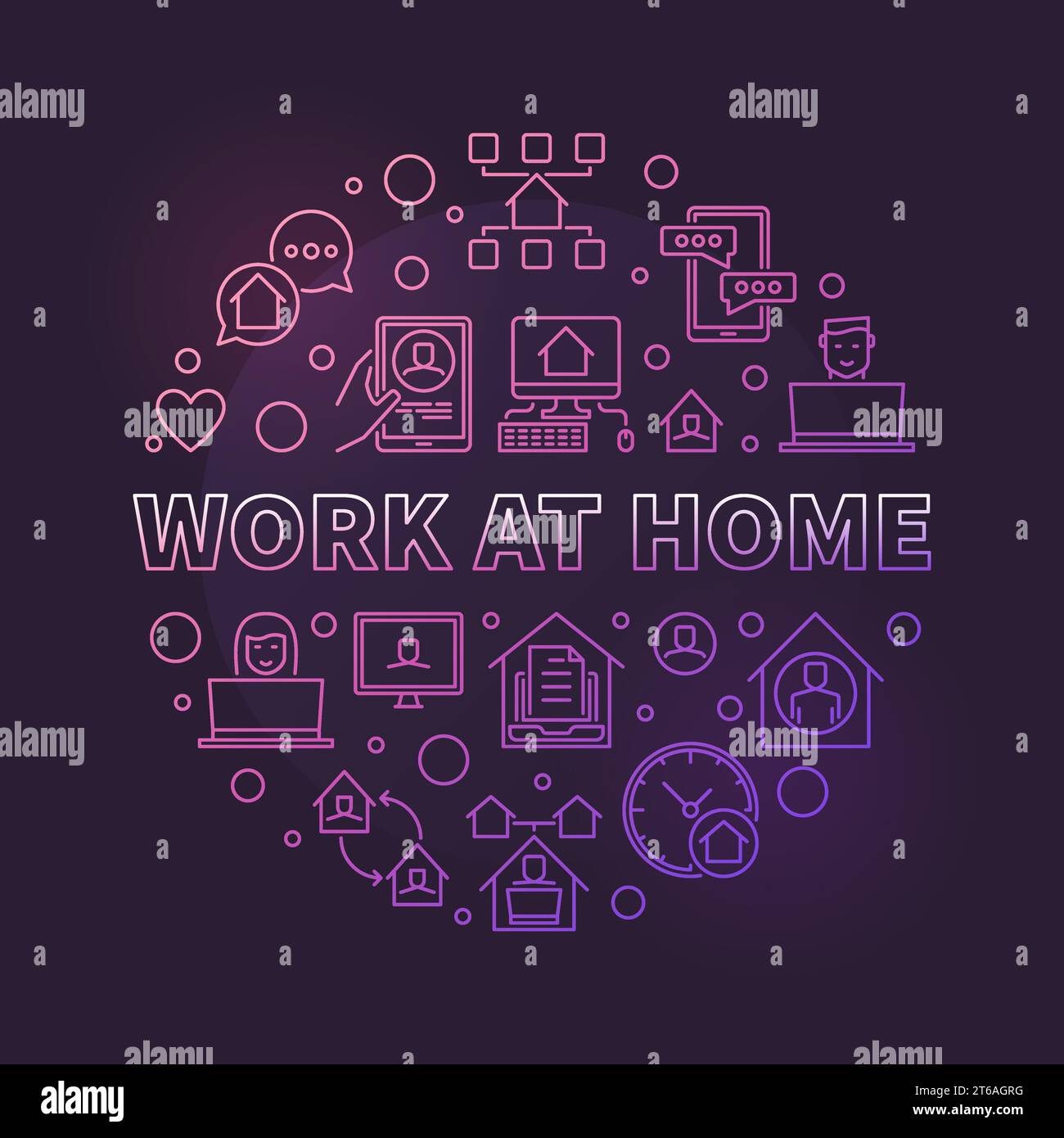 Vector Work At Home concept round colored outline illustration on dark ...