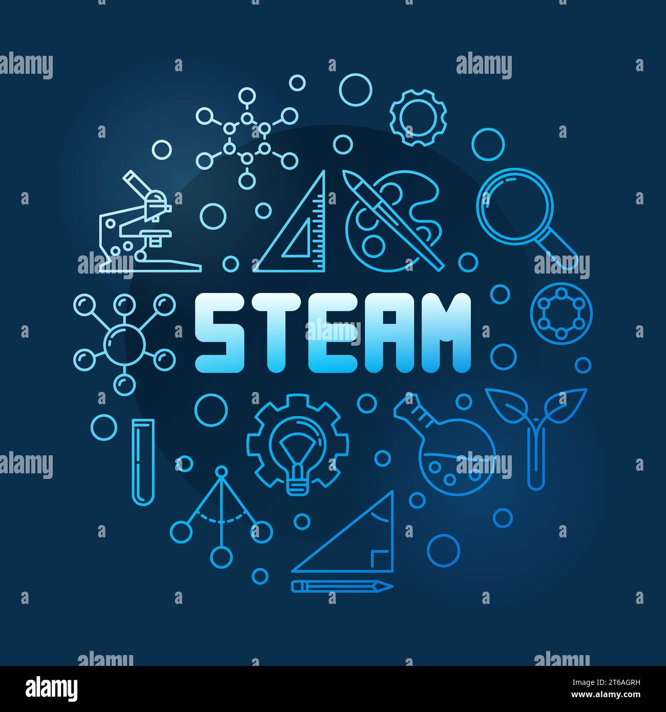 STEAM vector concept blue round outline illustration on dark background ...